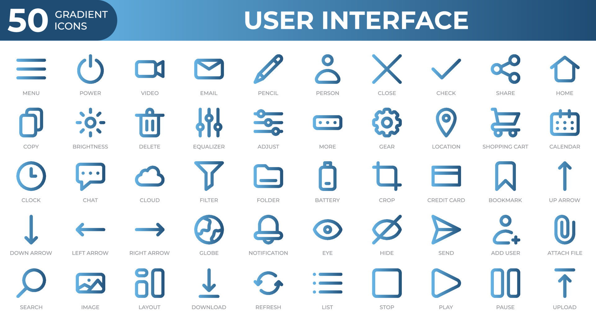 Set of 50 User Interface icons in gradient style. Menu, calendar, clock ...