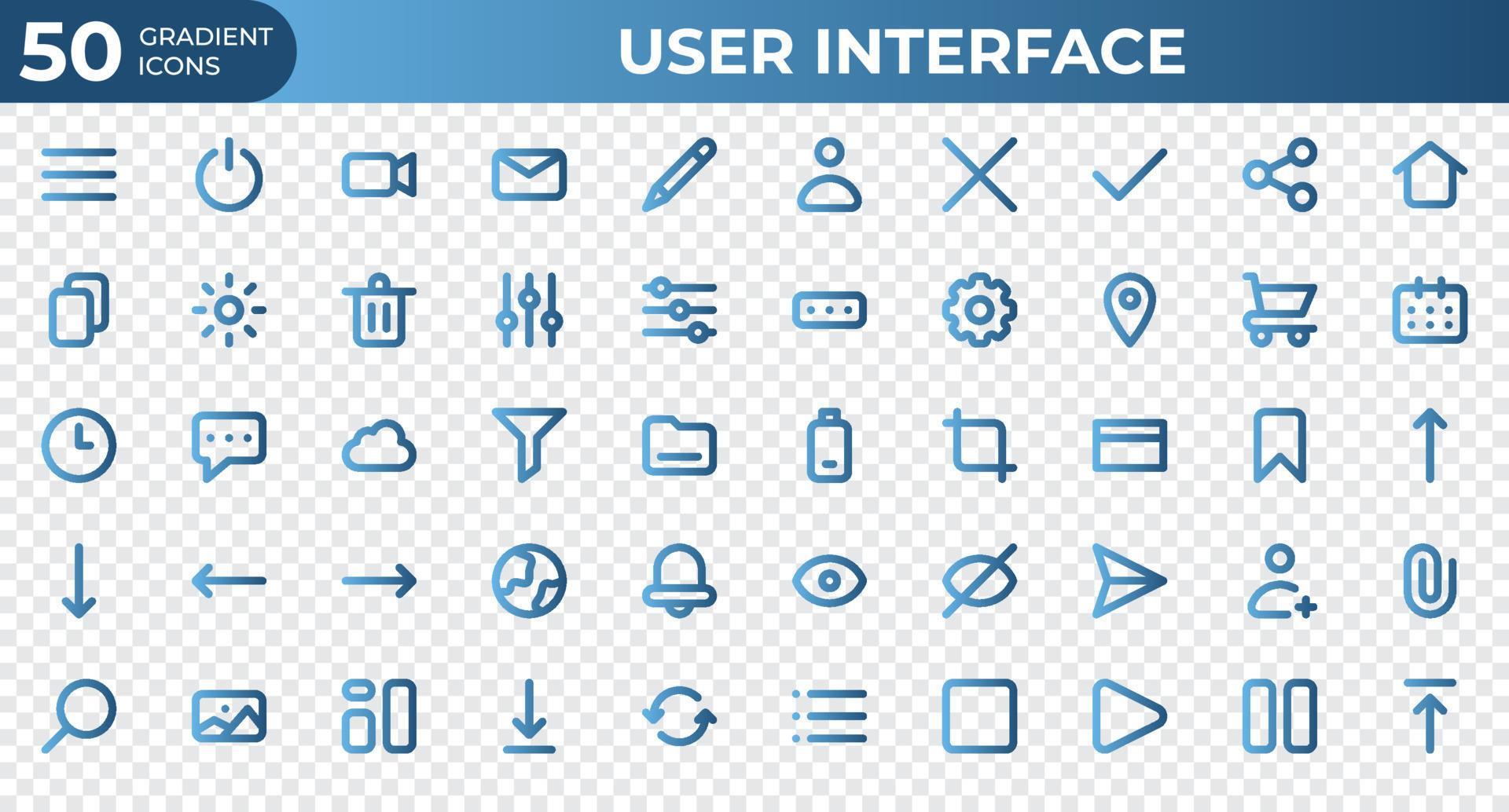 Set of 50 User Interface icons in gradient style. Menu, calendar, clock ...