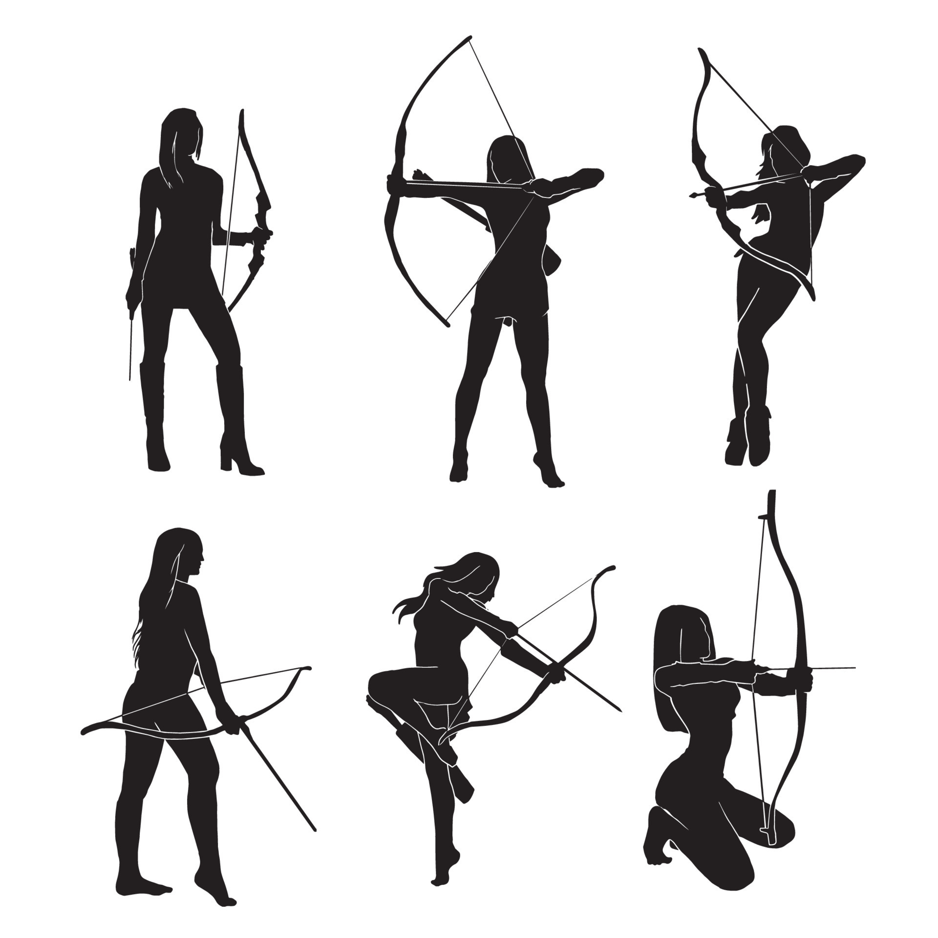 Set of beautiful Female archer warrior vector silhouette on white ...