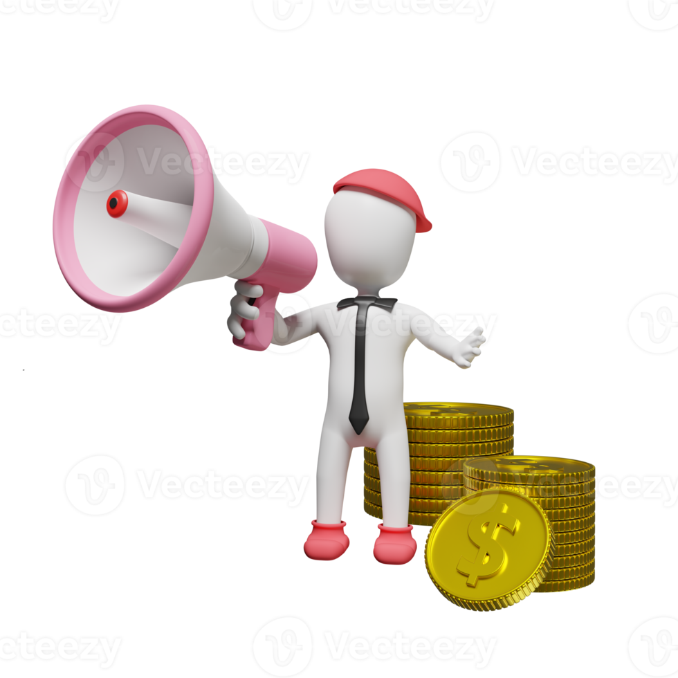 3d Stick Man Holding Megaphone Or Hand Speaker And Gold Coins Pile