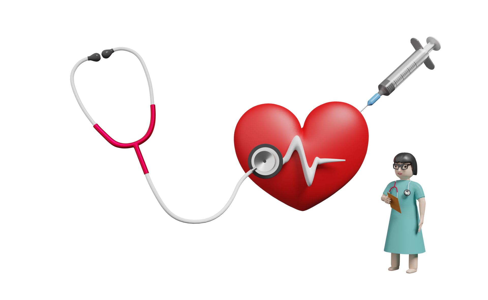 Red Heart With Electrocardiogram And Stethoscope And Doctor Isolated Health Love Or World Heart