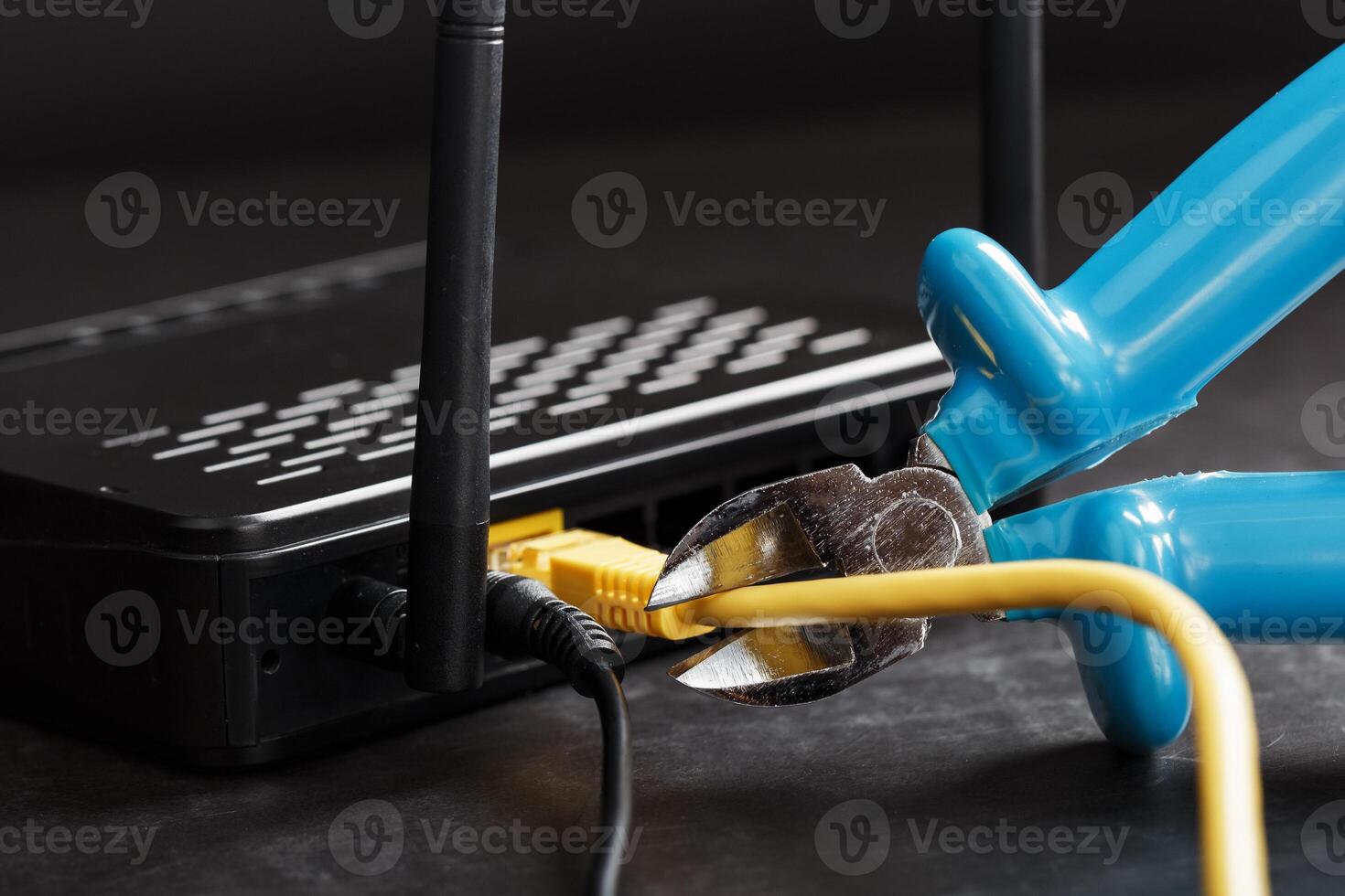 Cutting And Disconnecting The Network Internet Connection With Cutting Pliers 13085557 Stock