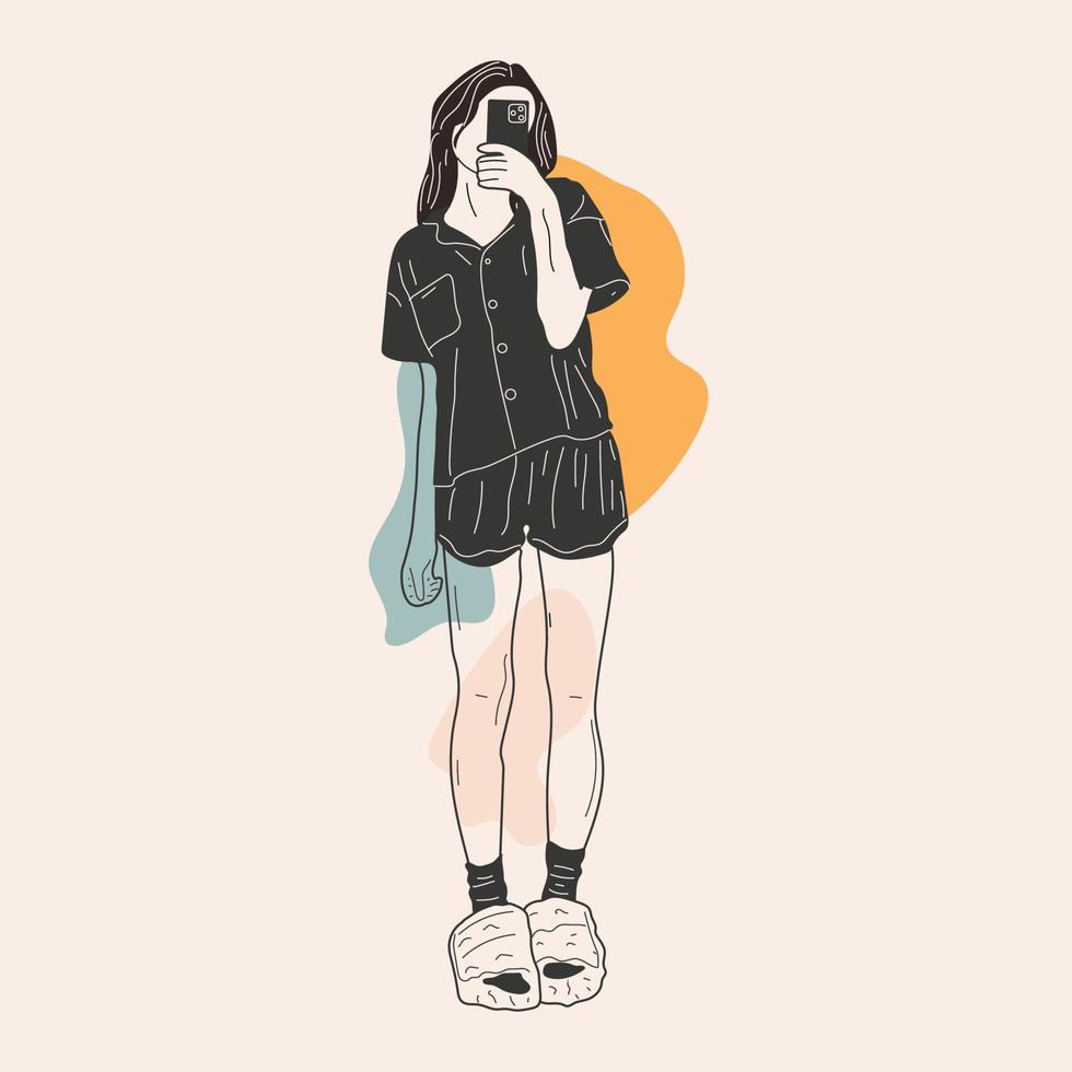 Beautiful Young Woman Taking Selfie In Pajamas Hand Drawn Vector