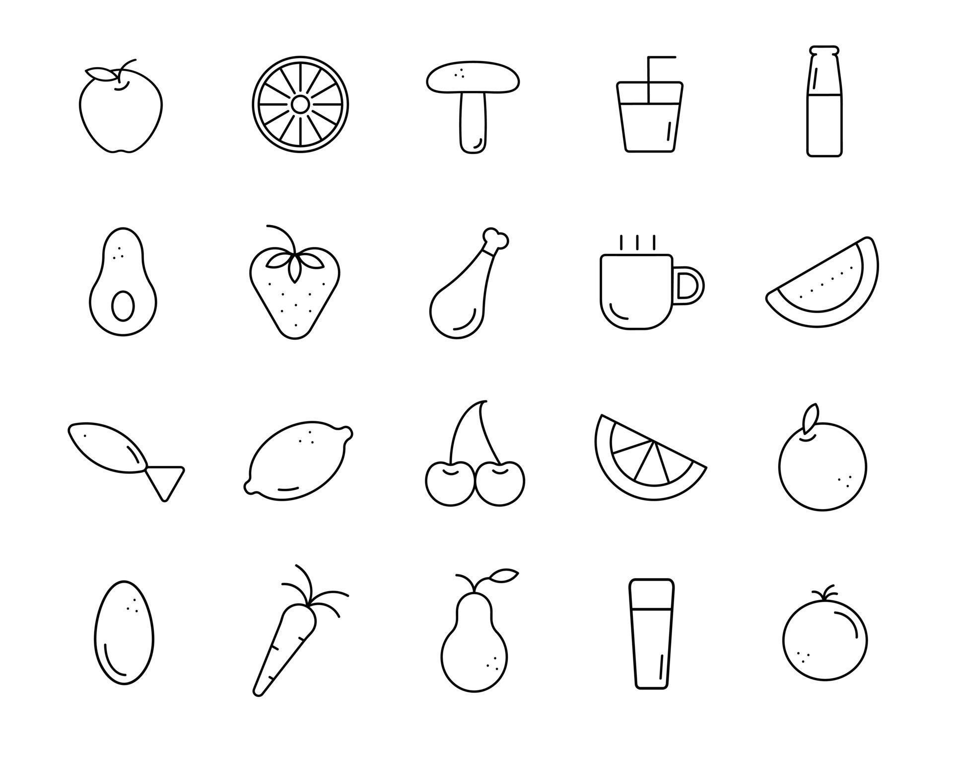 Healthy Food Vegetables Fruits Vector Line Icons Colorful Illustration ...