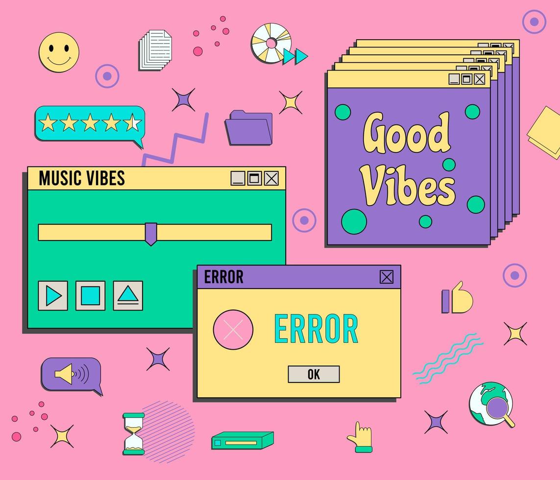 Set of vaporwave UI and UX elements. PC retro game frame. Nostalgic ...