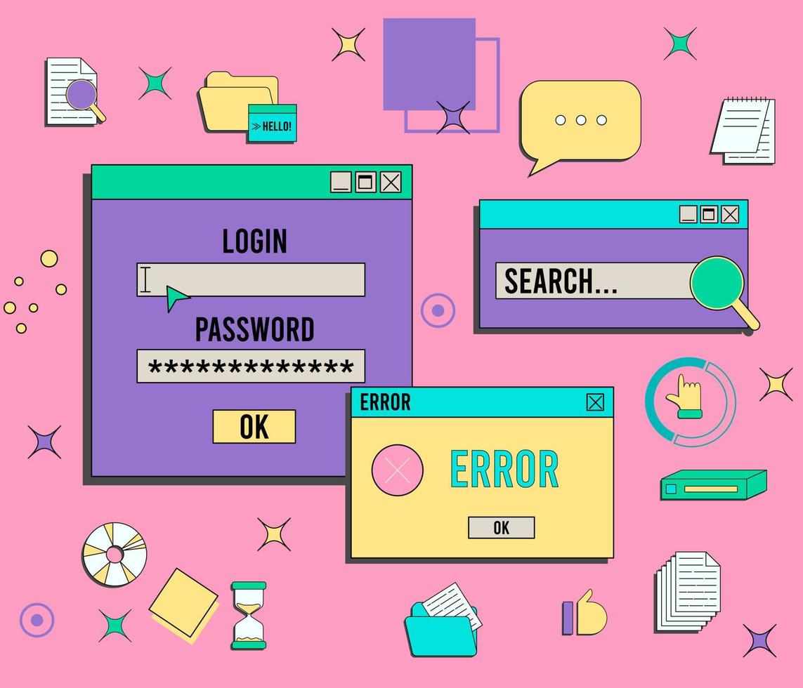 Set of vaporwave UI and UX elements. PC retro game frame. Nostalgic ...