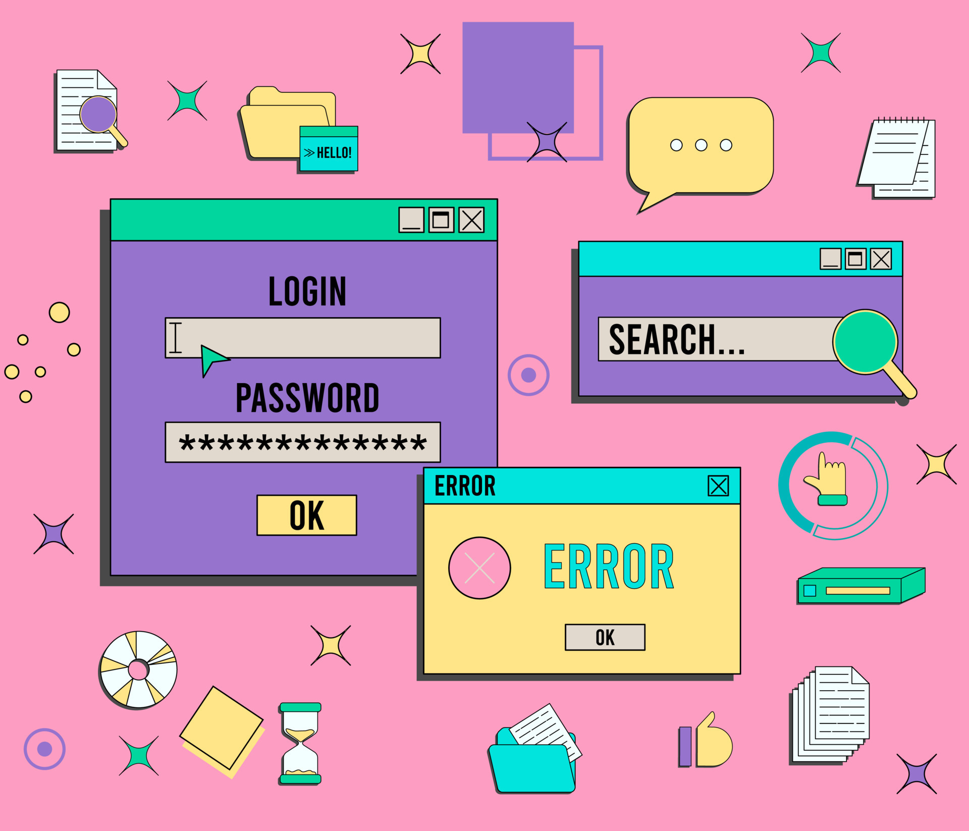 Set of vaporwave UI and UX elements. PC retro game frame. Nostalgic ...