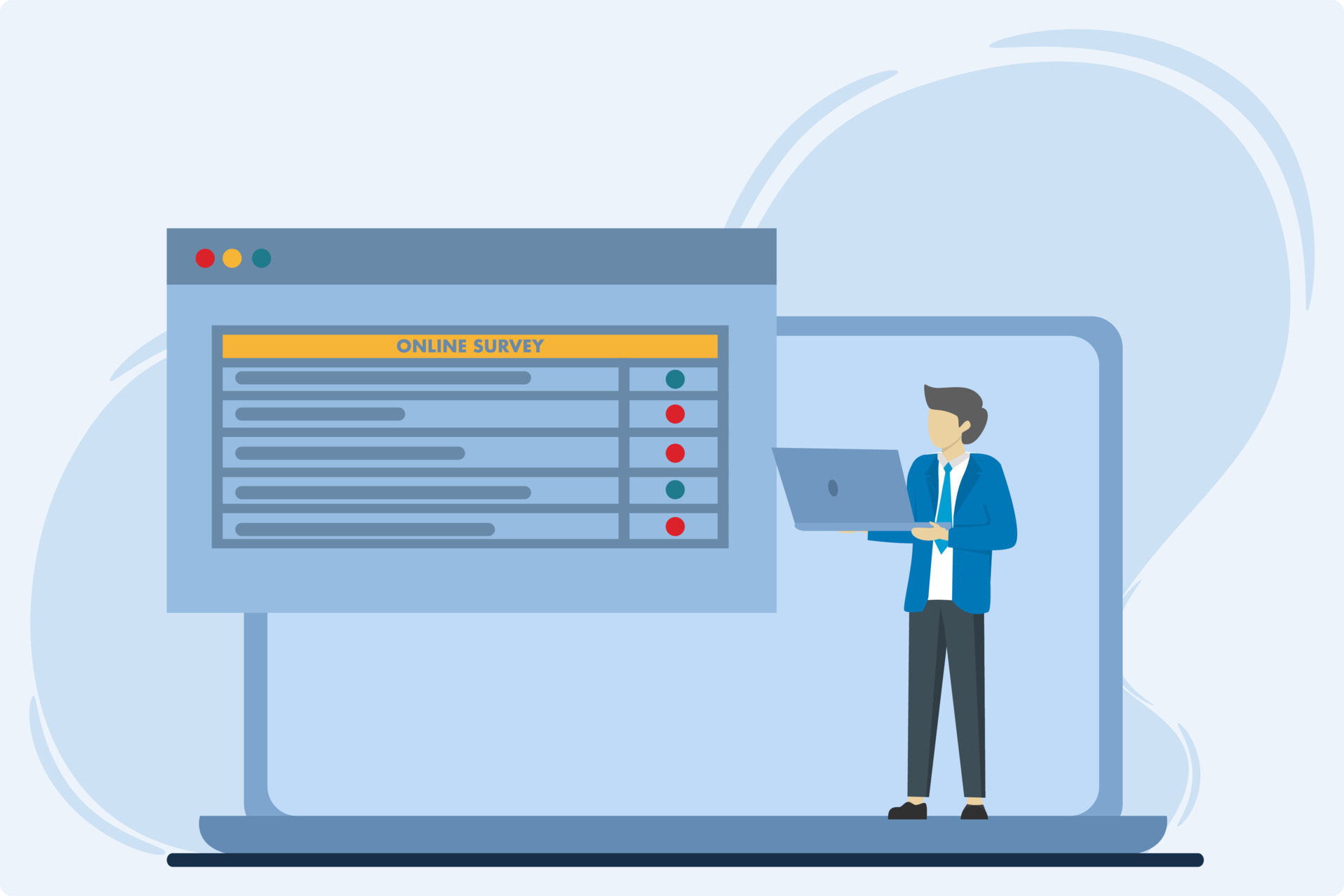 Online Poll And Survey Vector Illustration Concept Man Monitoring Online Survey Results Using