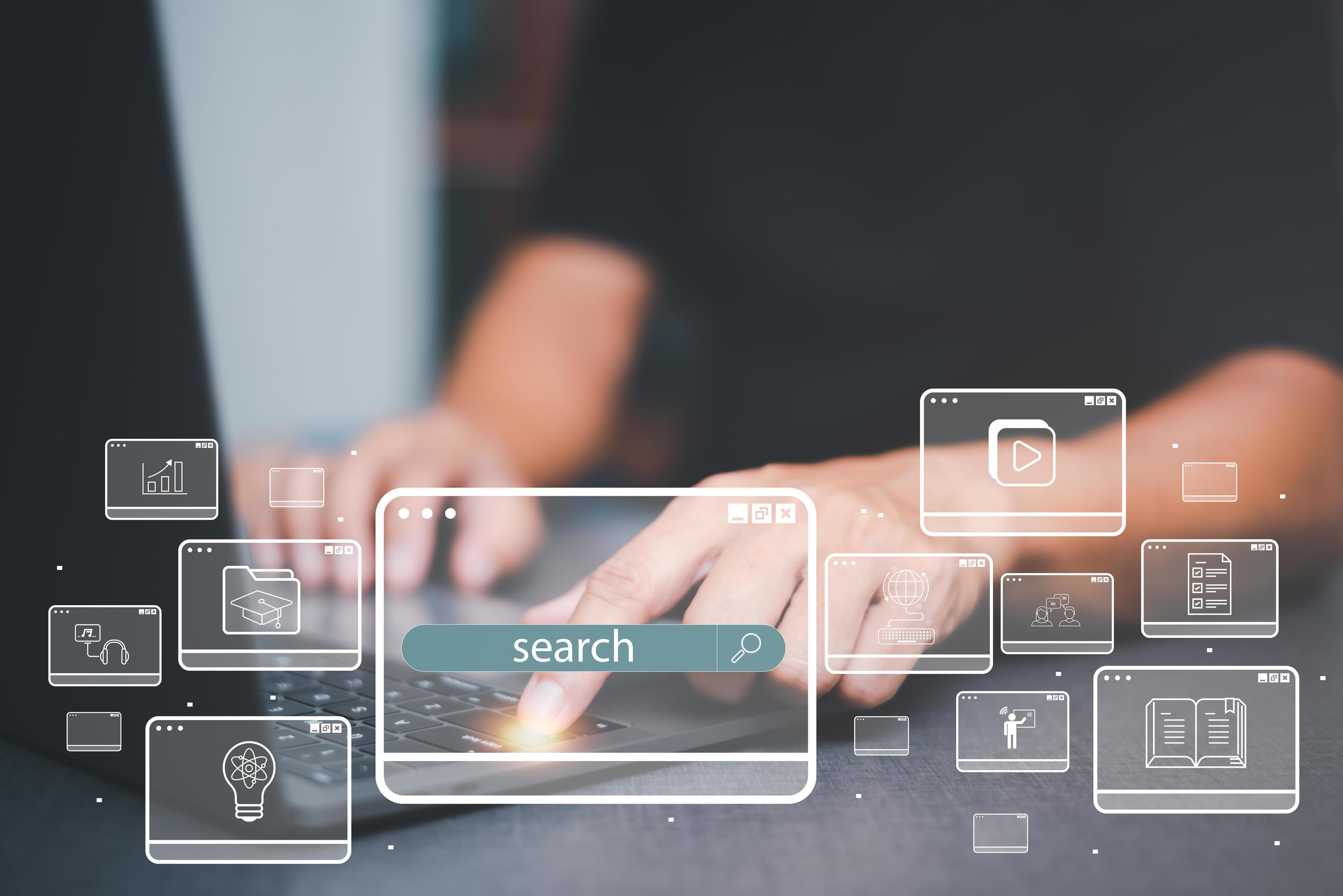 man searching for information online via laptop,Keyword search ...