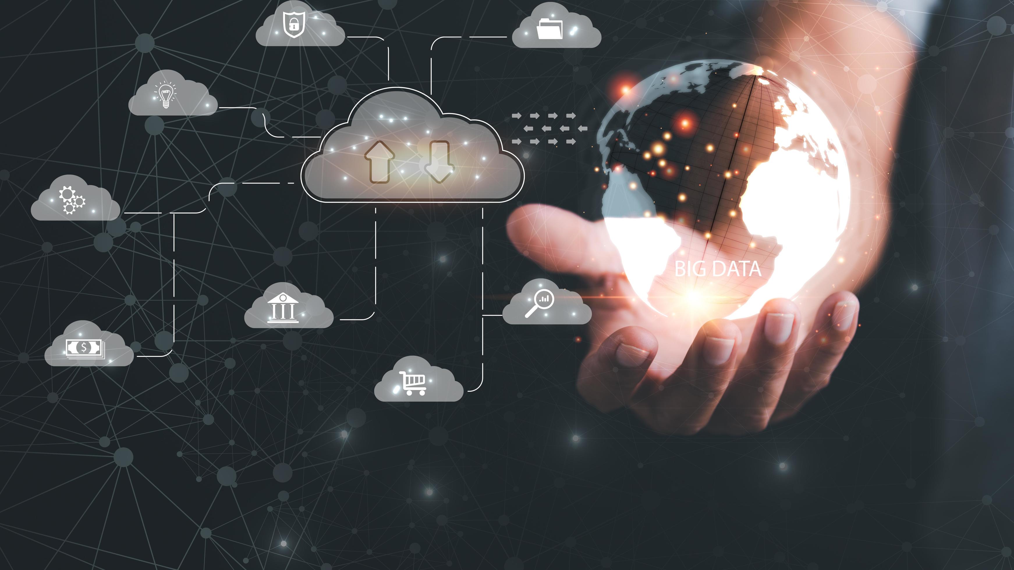 human hand holding icon, digital network database technology concept ...