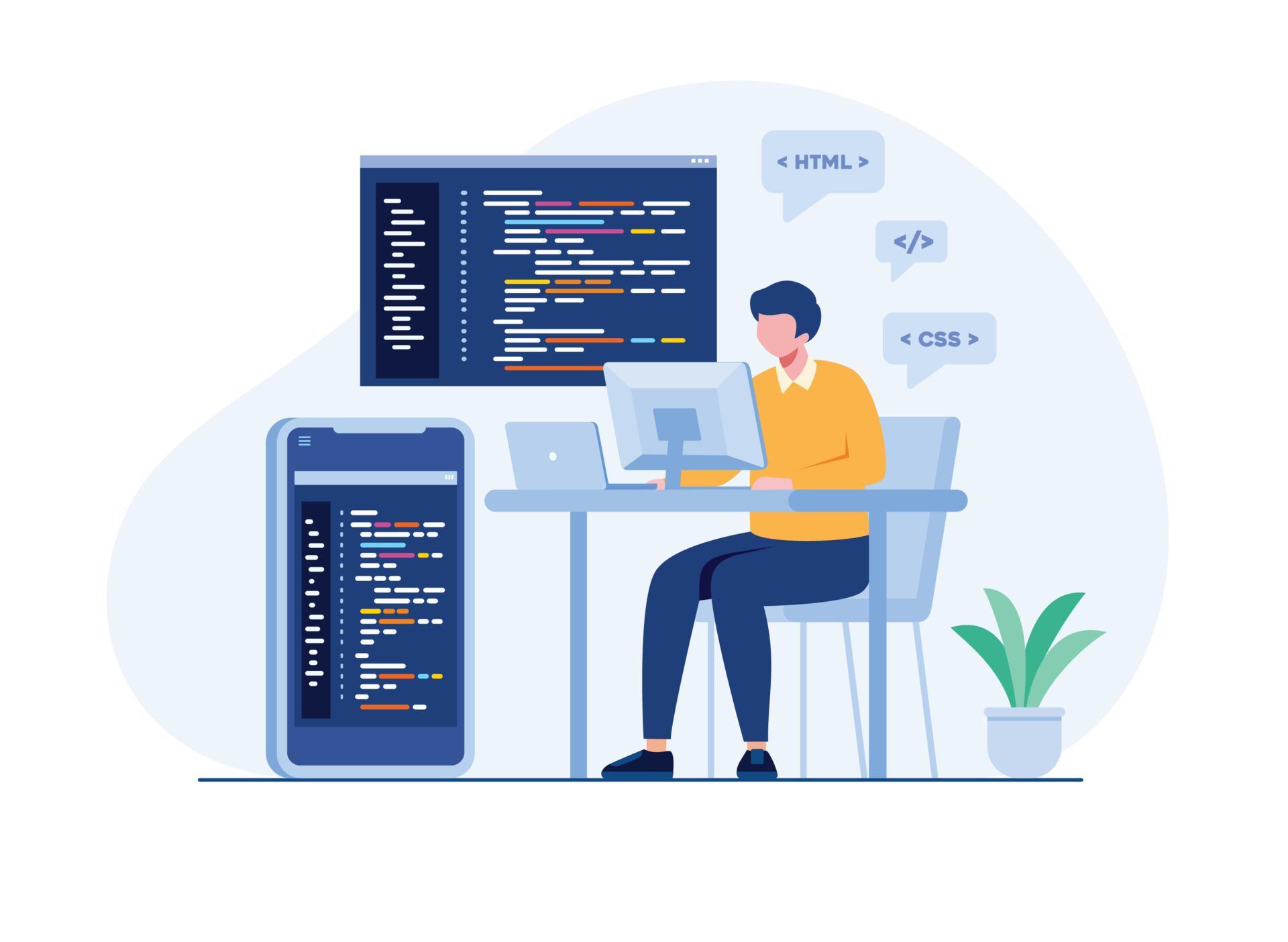 Web development. programming languages. css, html, it, ui. programmer cartoon character ...