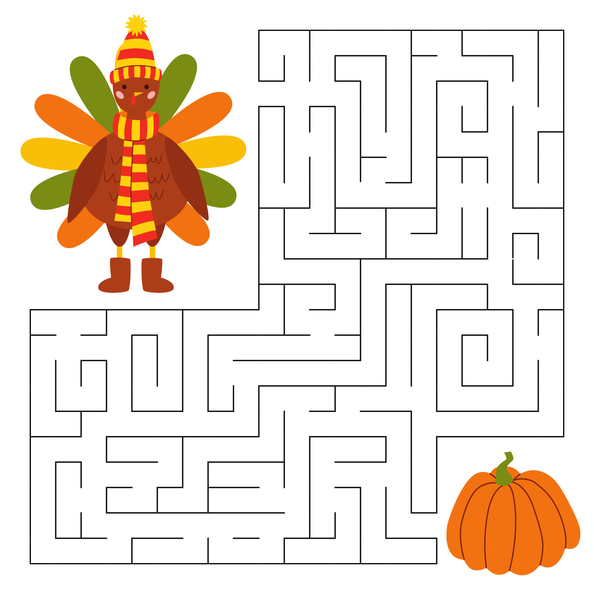 Maze game for kids. Cute pilgrim turkey looking for a way to the ...