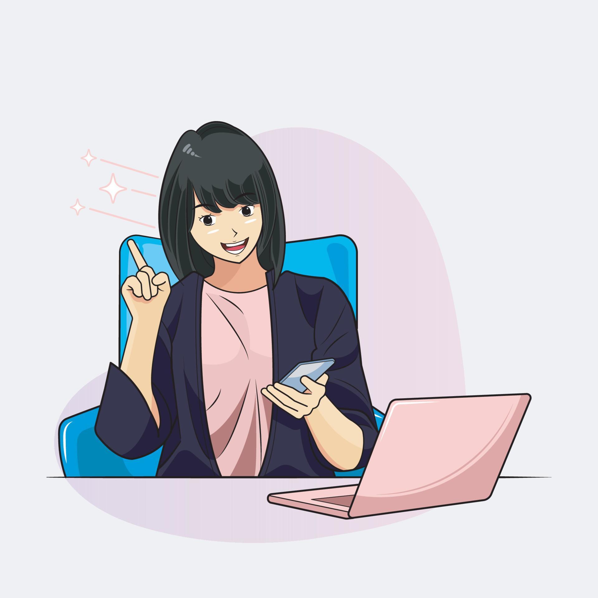 Business Woman Holding Mobile Phone And Pointing Fingers Up Vector