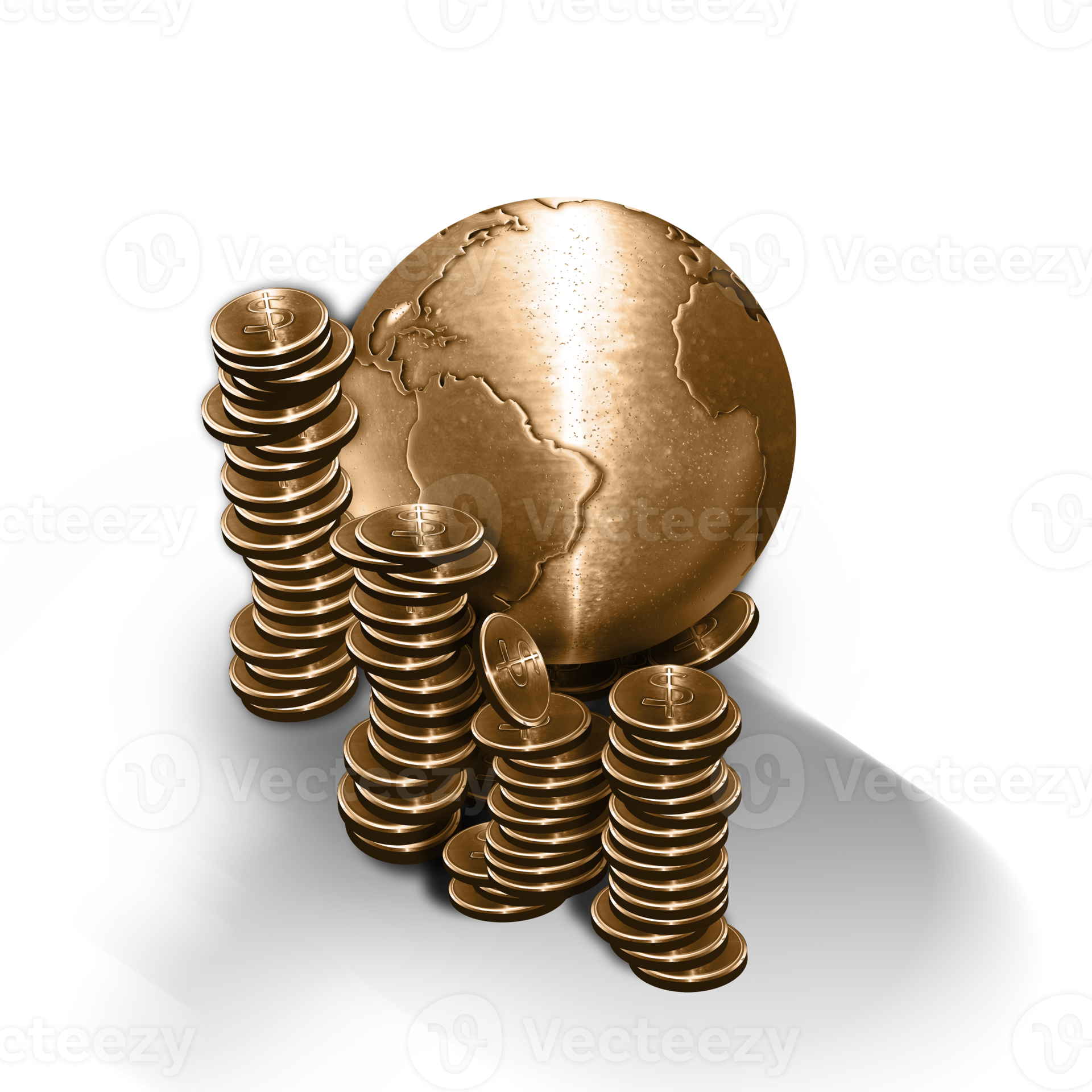3d illustration bronze metal earth globe with coins money around it stock exchange transparent ...