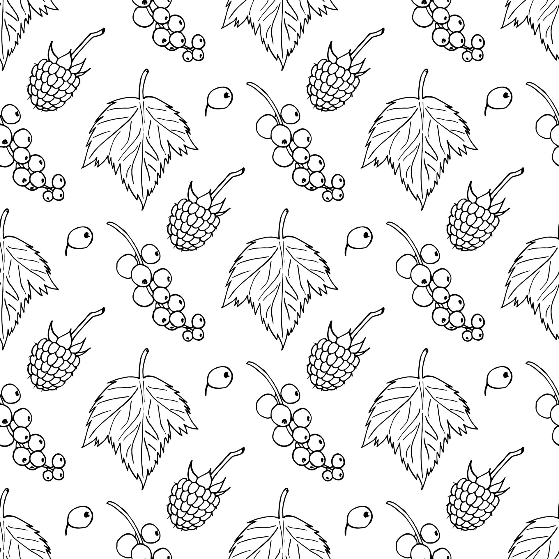 Seamless pattern with black-and-white cute currant and raspberry on ...