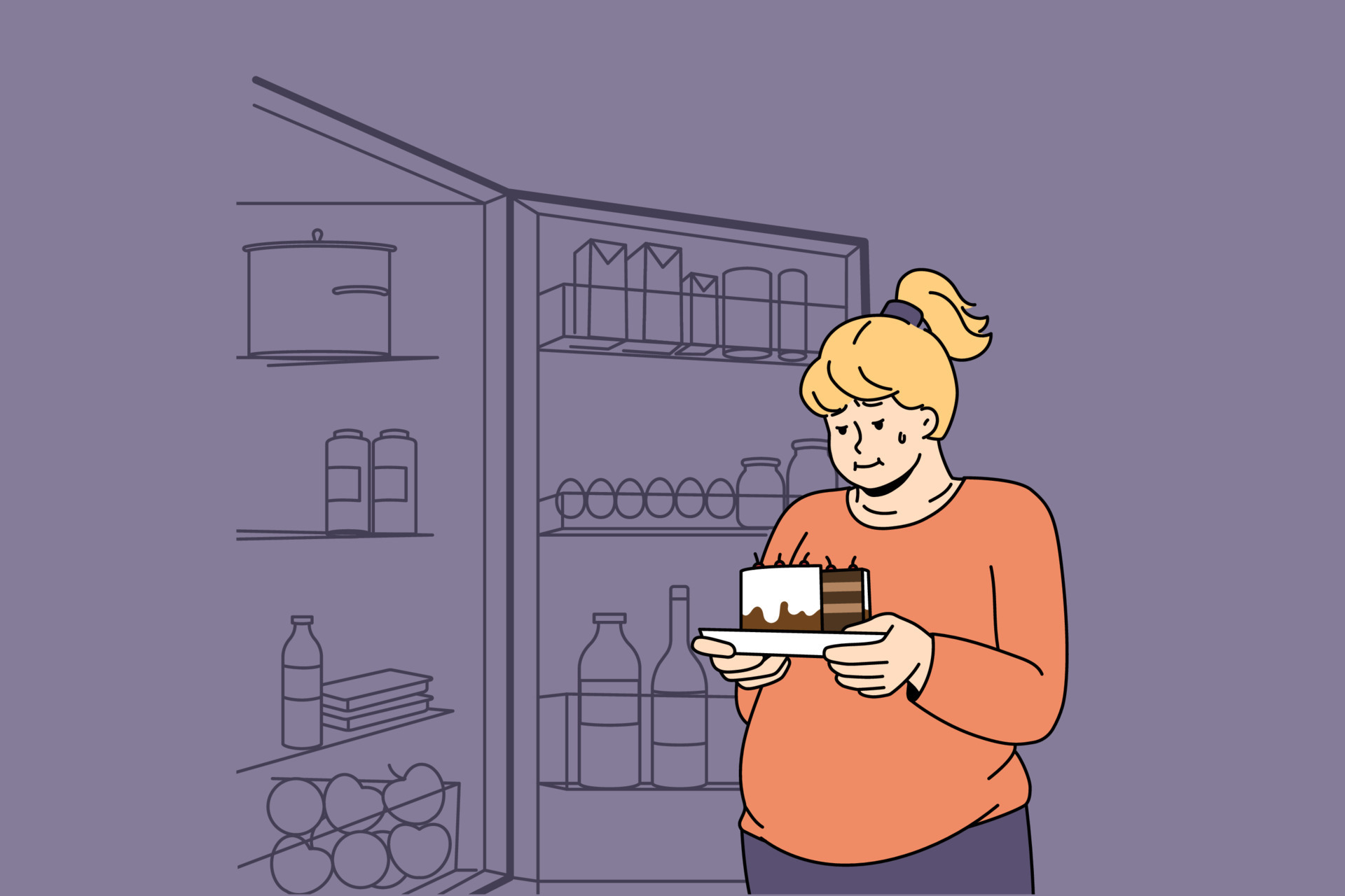 Fat Woman Holding Piece Of Cake Thinking Of Eating Sweet Stuff Obese