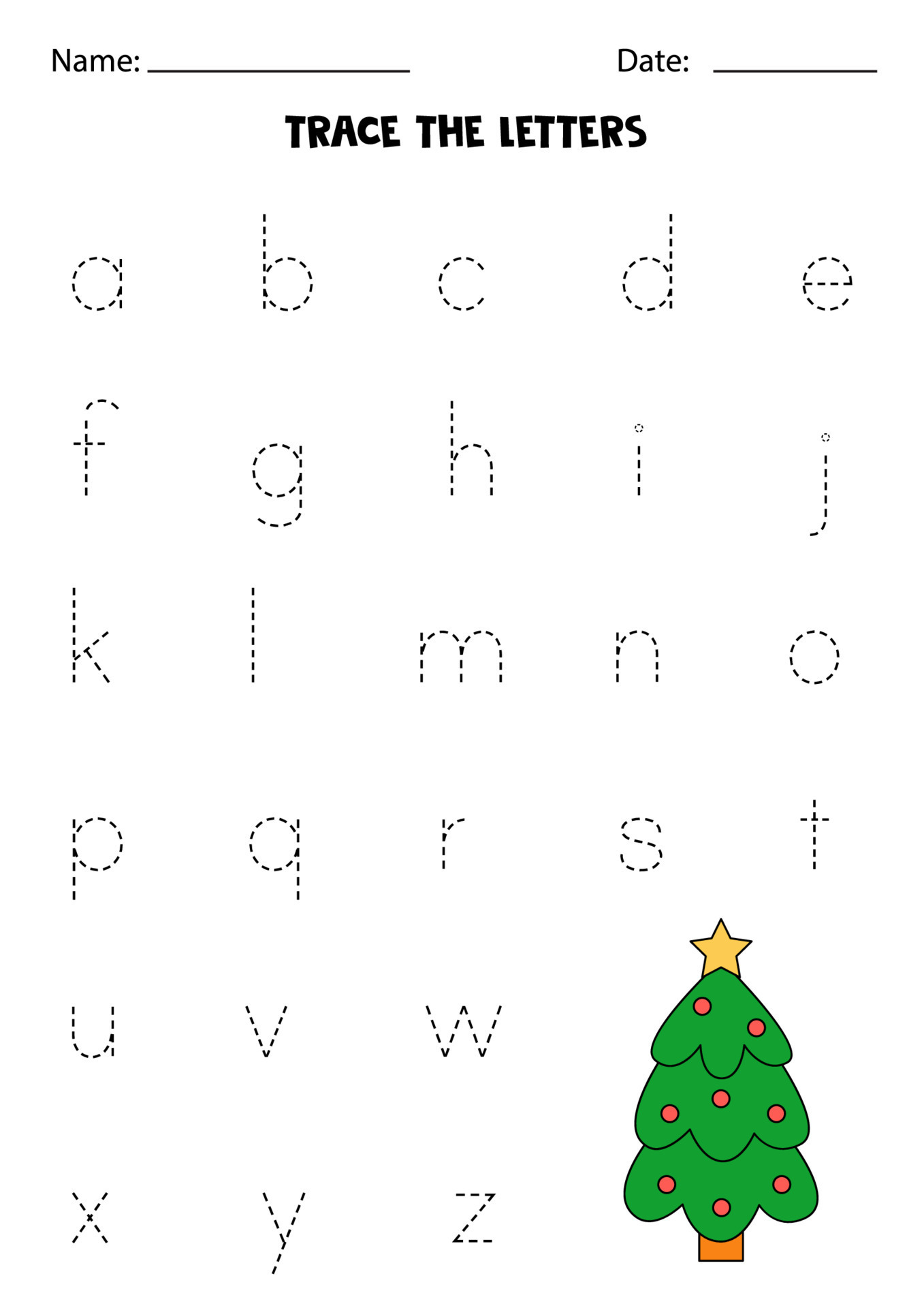 Worksheet with Christmas tree. Trace lowercase letters of alphabet ...