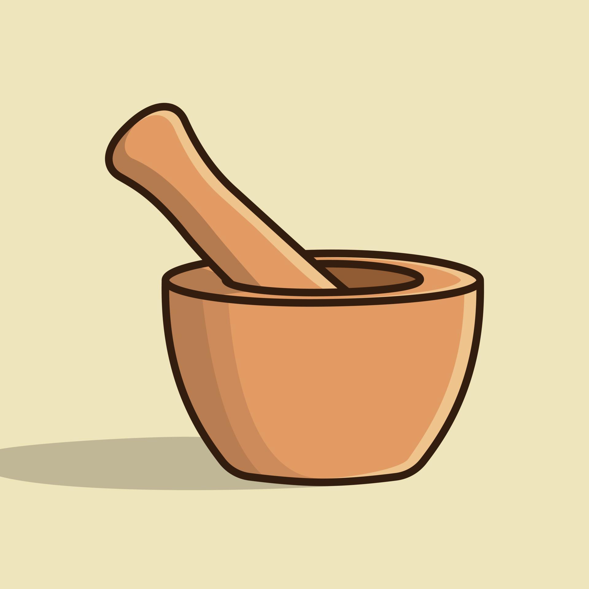 Wooden spice mortar with pestle. Grinder bowl. Kitchen tool. Simple vector hand-drawn ...
