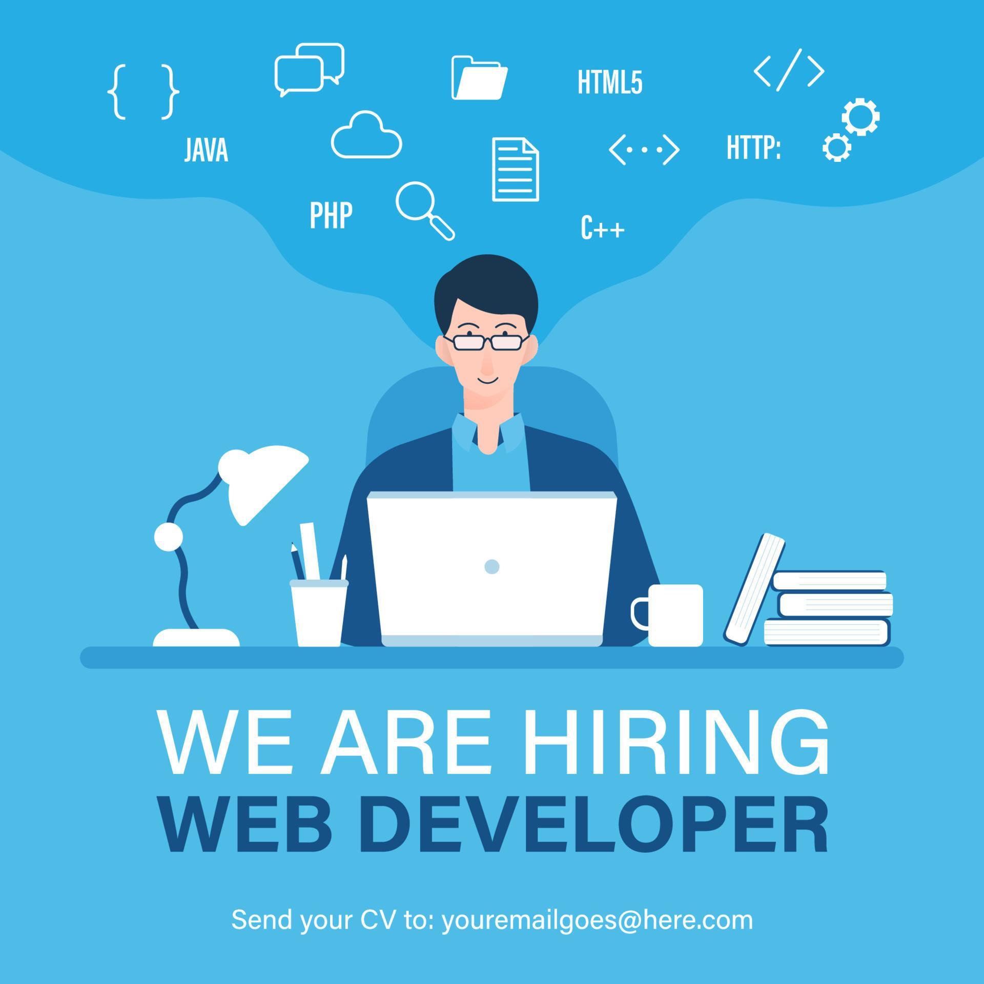 Web developer job vacancy template with programmer working on laptop ...