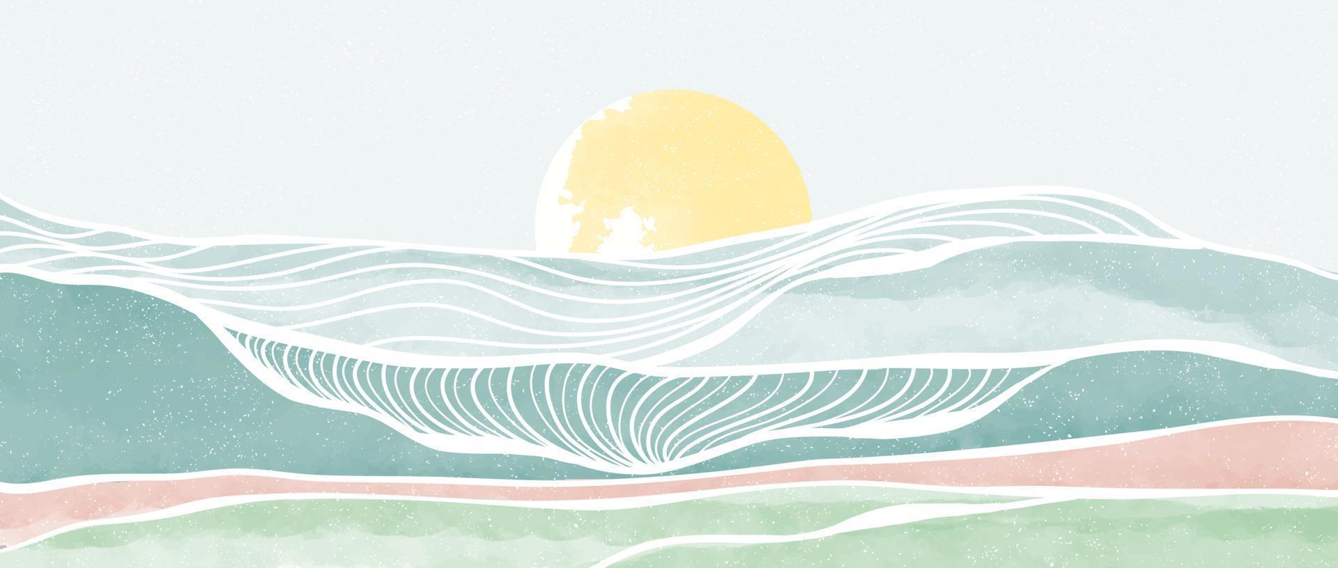 Creative minimalist modern paint and line art print. Abstract ocean wave and mountain ...
