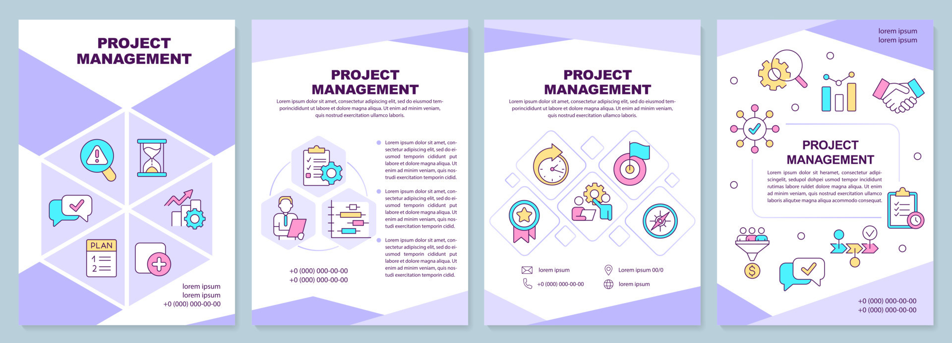 Project management purple brochure template. Development. Leaflet design with linear icons ...
