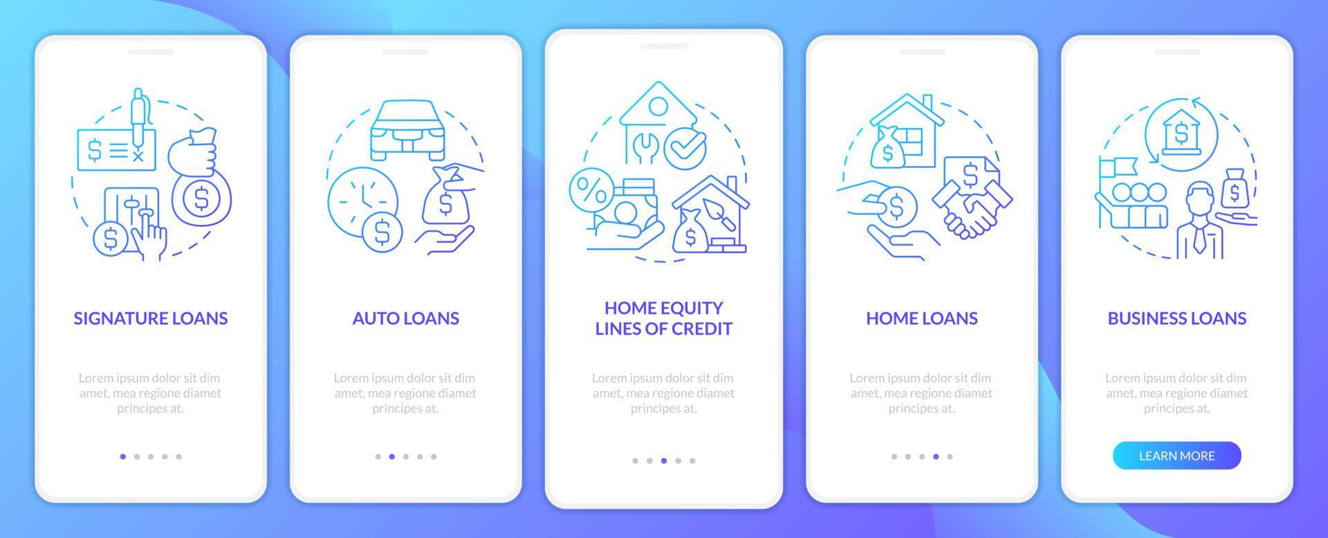 Loans Types Blue Gradient Onboarding Mobile App Screen Banking Service Walkthrough 5 Steps