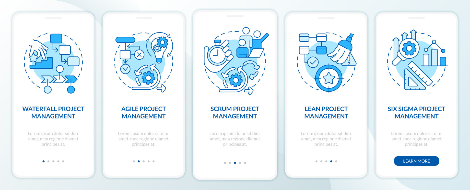 Project Management Styles Blue Onboarding Mobile App Screen Business Walkthrough 5 Steps
