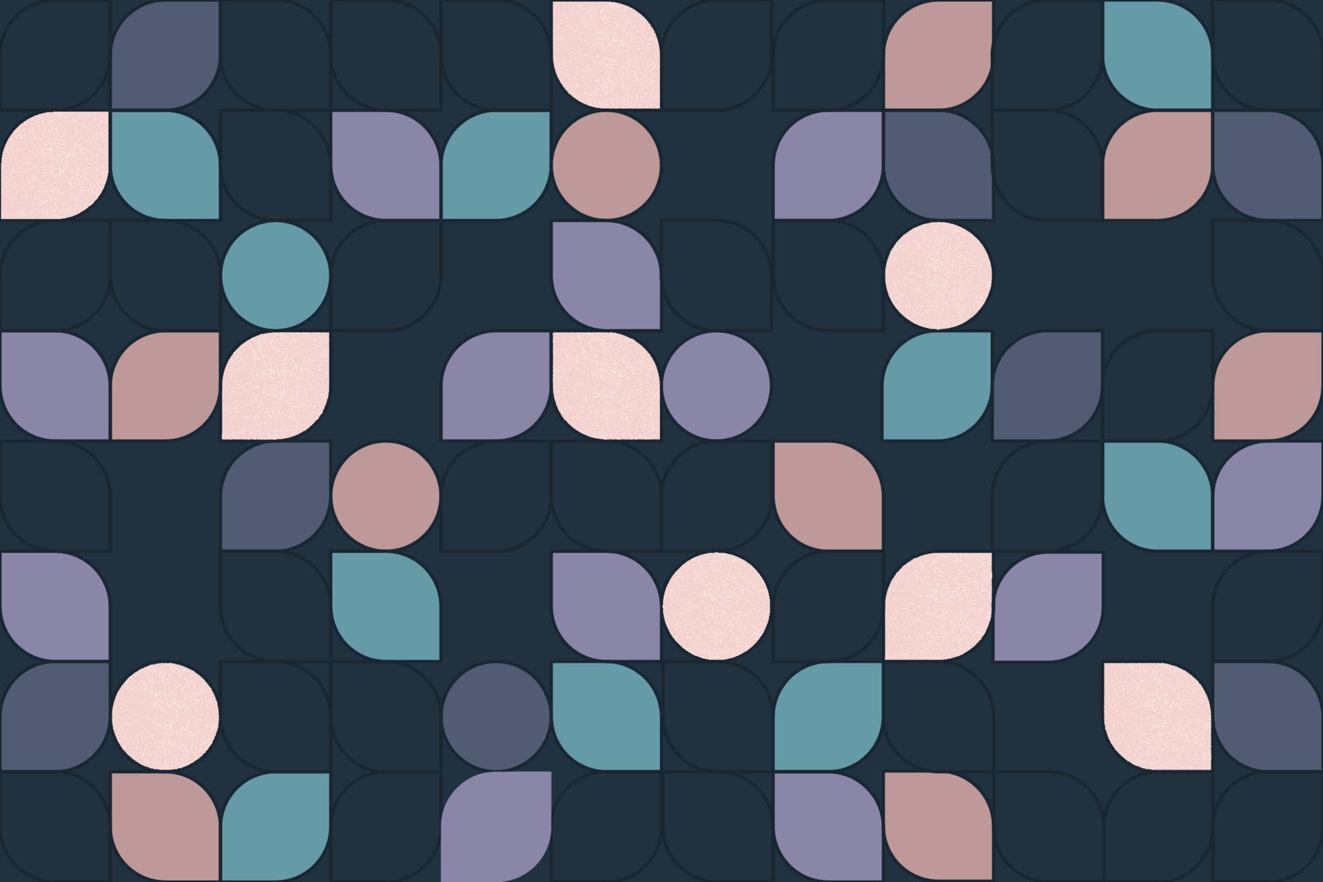 Abstract mosaic tileable decorative background. Purple, turquoise and black leaves and circles ...