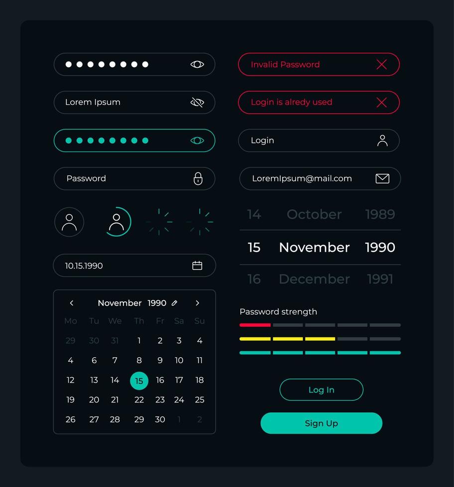 Signing Up Ui Elements Kit Personal Data Isolated Vector Components Flat Navigation Menus And
