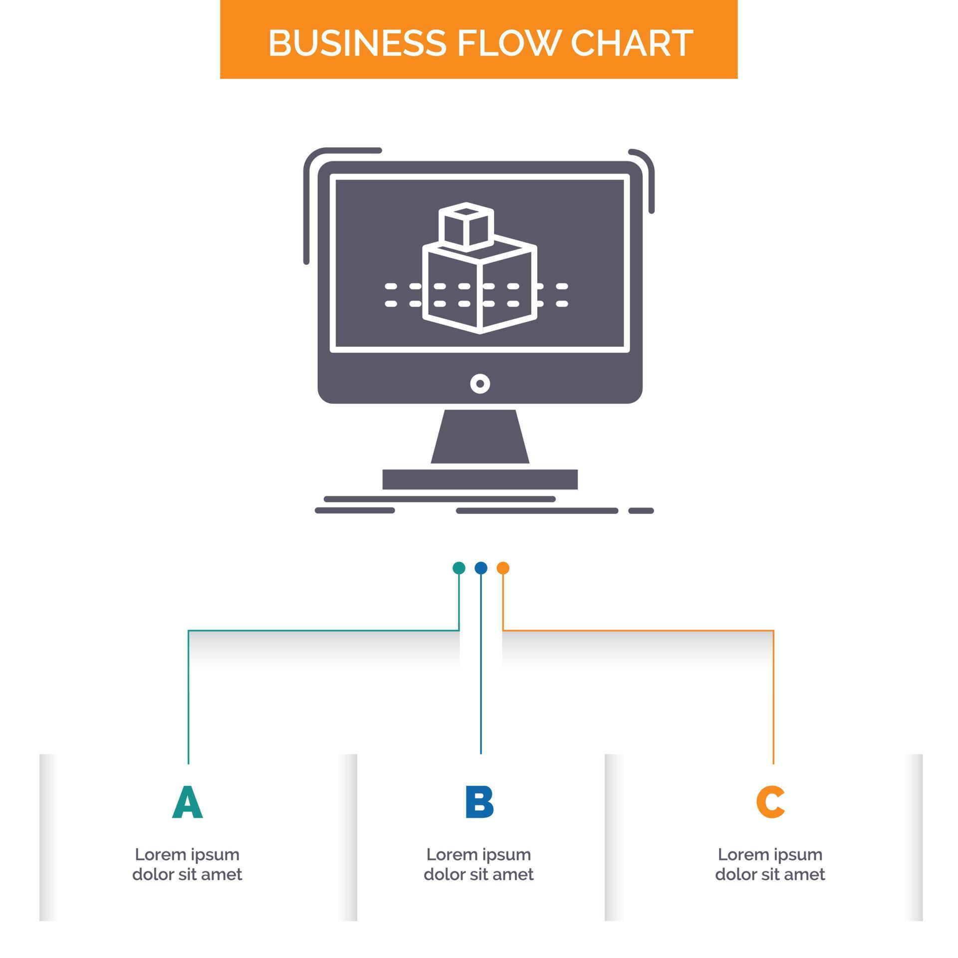 3d. cube. dimensional. modelling. sketch Business Flow Chart Design with 3 Steps. Glyph Icon For ...