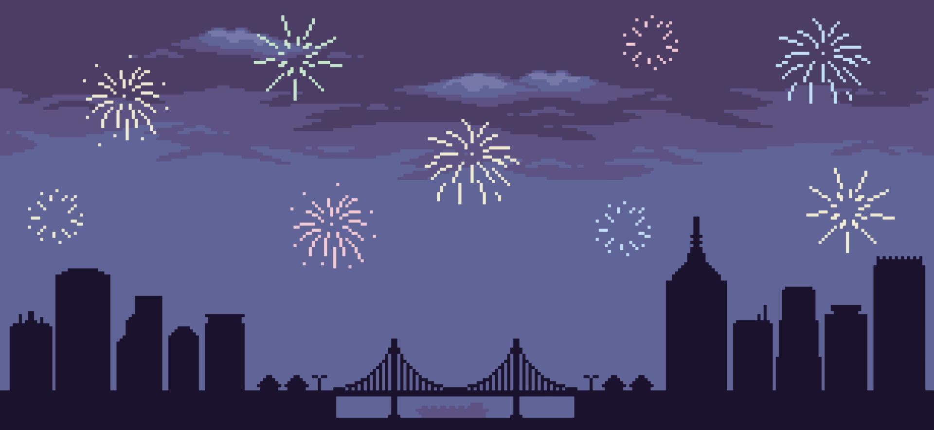 paisaje de ciudad nocturna de pixel art con fuegos artificiales, fondo de ciudad minimalista ...