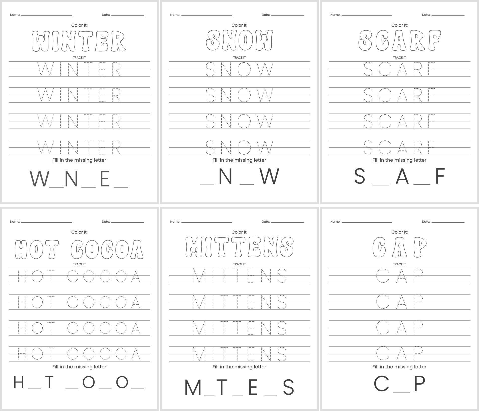 Winter Word Tracing Worksheets 13153585 Vector Art at Vecteezy