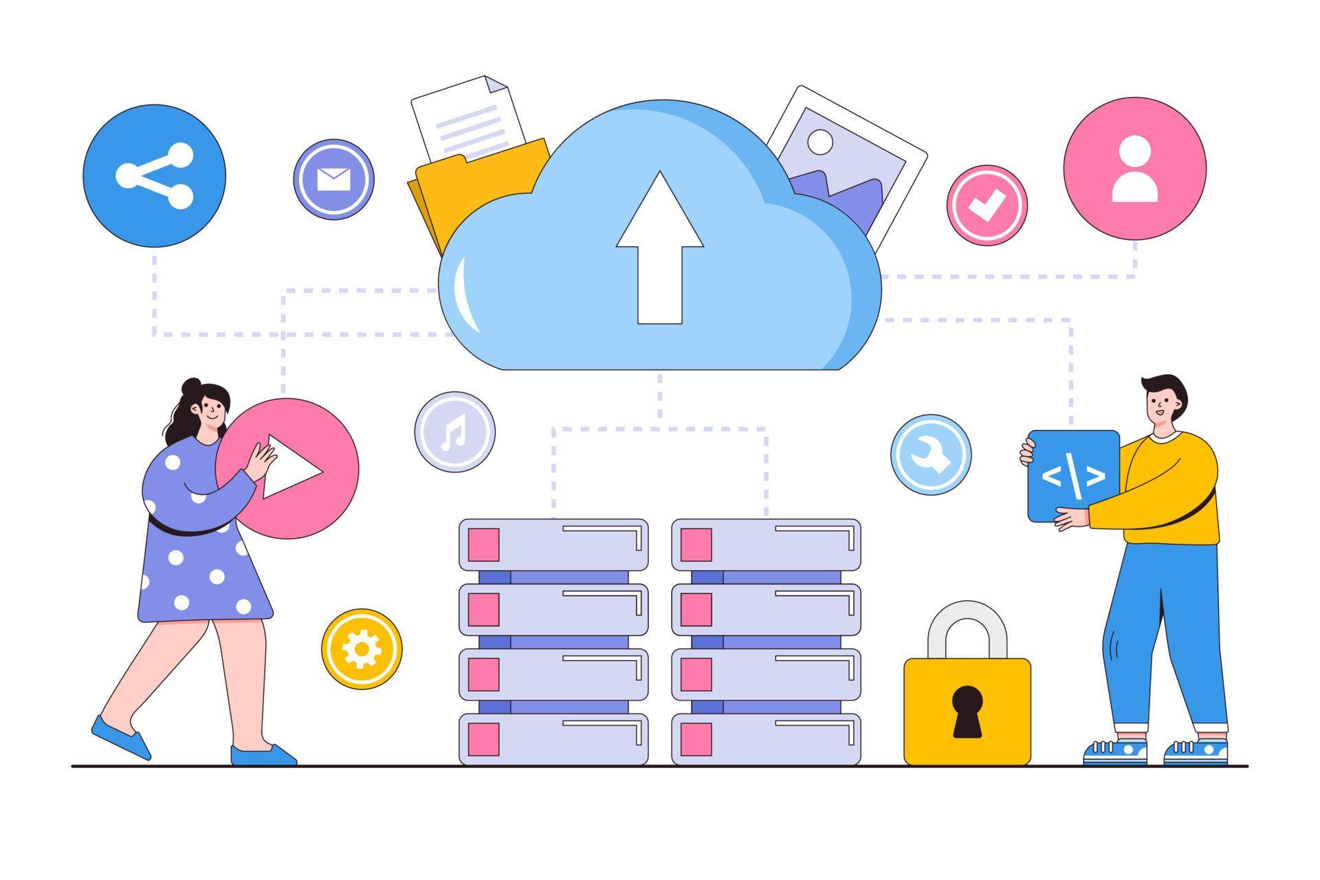 Flat Business Technology File Upload On Cloud Server Storage Concept Outline Design Style