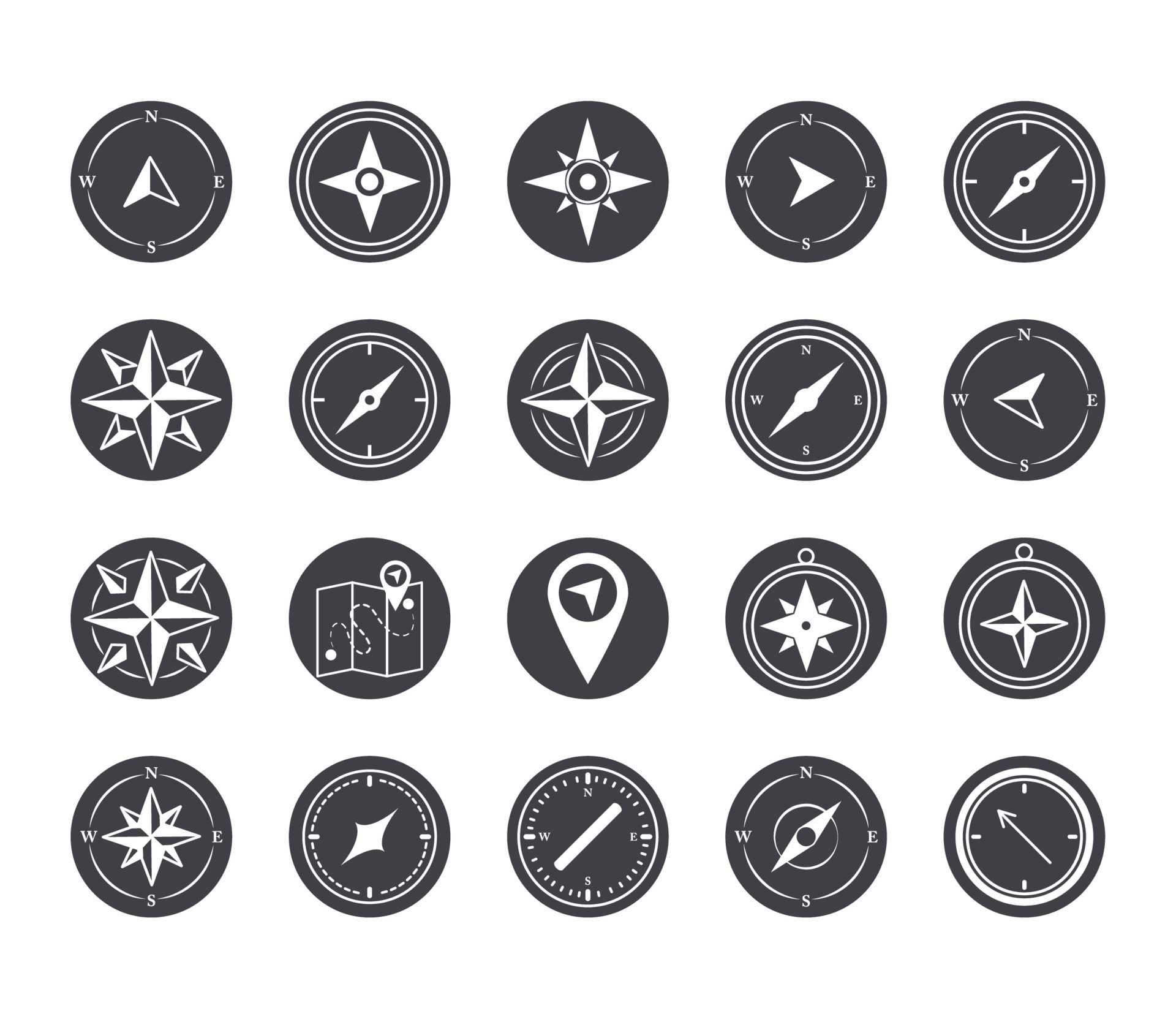 Compass Rose Navigation Cartography Travel Explore Equipment Icons Set Silhouette Design Icon