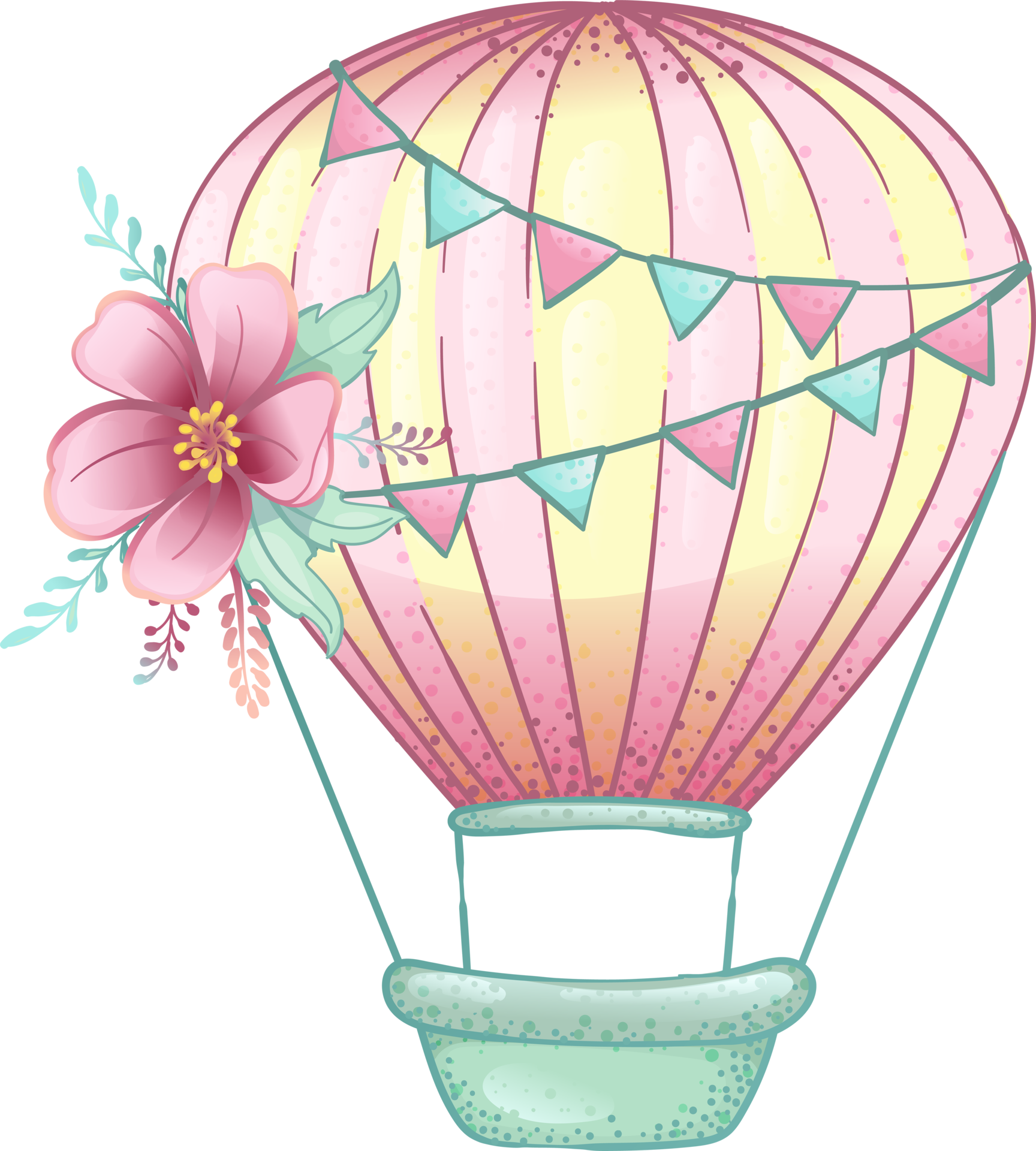 Globo Aerostático Rosa Decorado Con Flores Ilustración De Dibujos Animados Dibujados A Mano