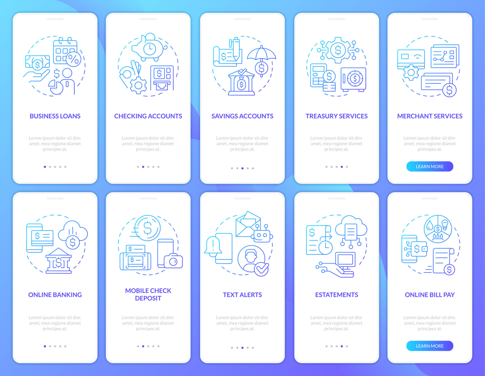 Business bank and digitization blue gradient onboarding mobile app ... Business bank and digitization blue gradient onboarding mobile app ...