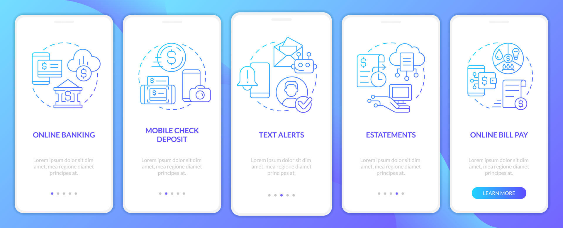 Digitization Banking Blue Gradient Onboarding Mobile App Screen Technology Walkthrough 5 Steps