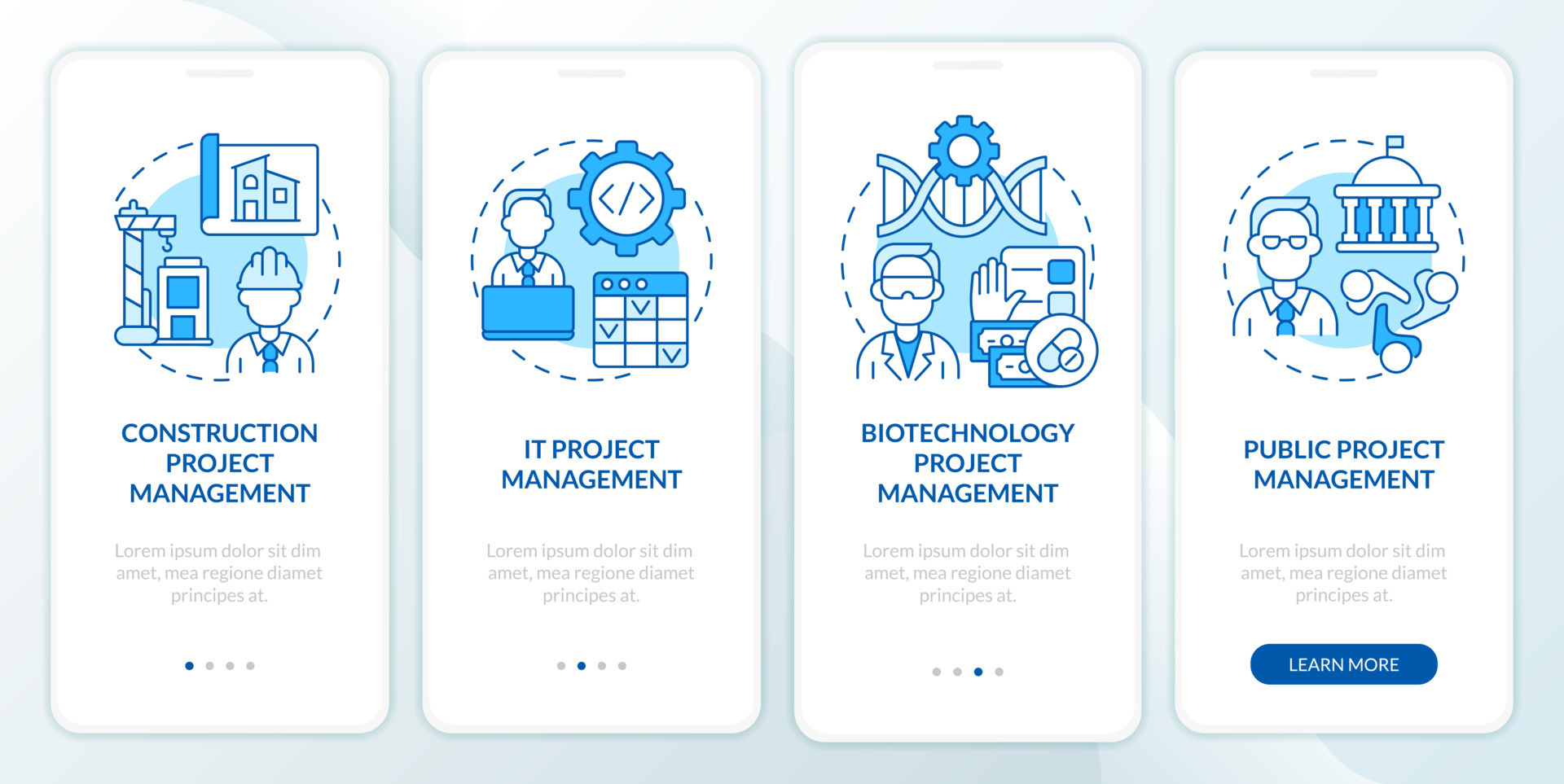 Project Management Types Blue Onboarding Mobile App Screen Industries
