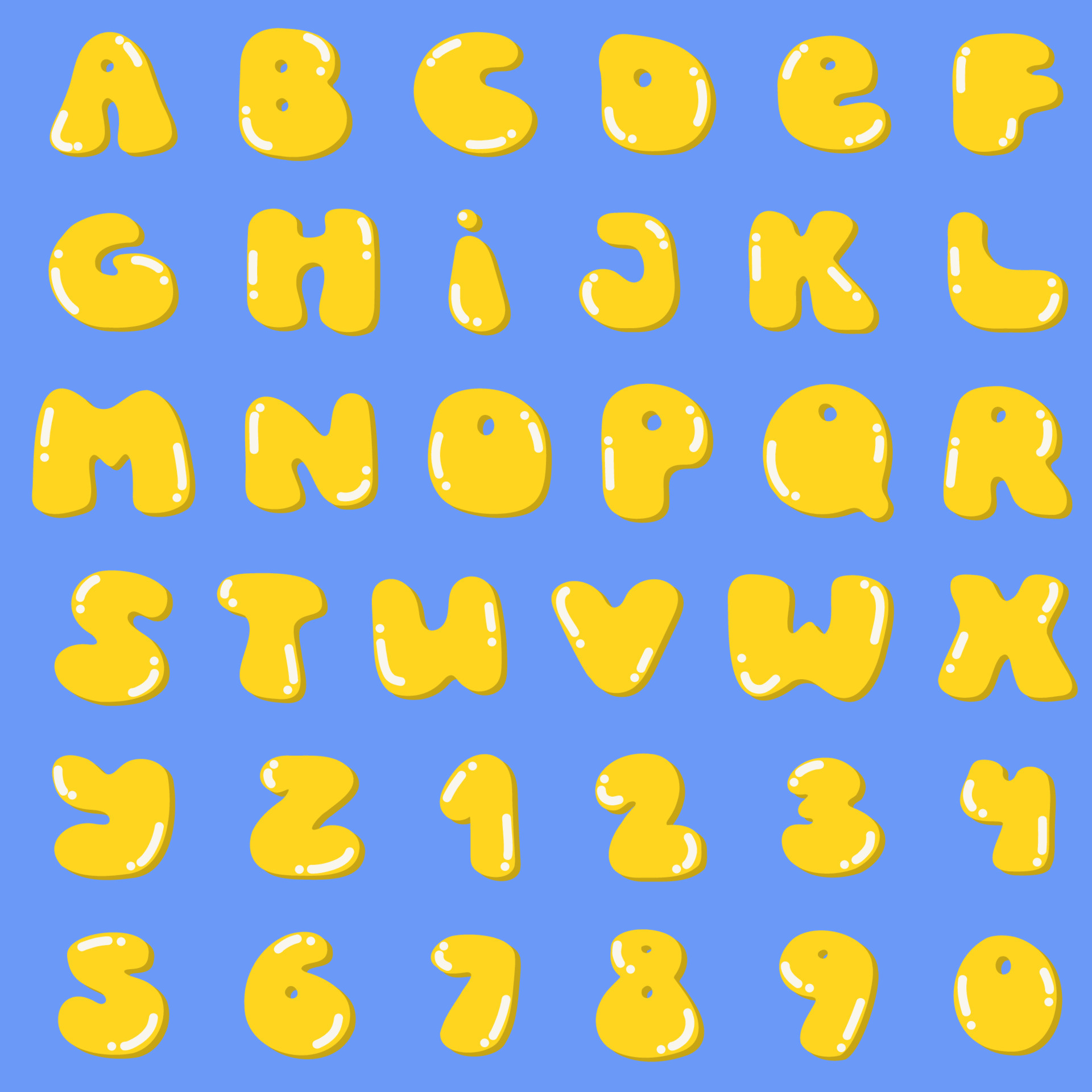 Groovy hippie plump letters and numbers. Yellow yolk shape font with figures, sunny side up ...
