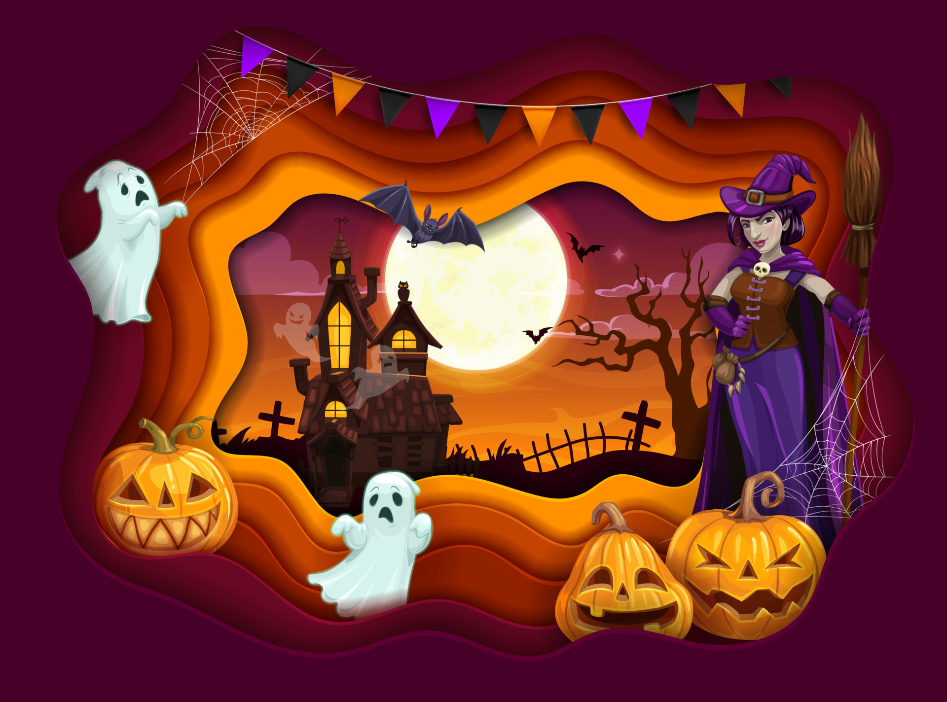 Halloween paper cut cartoon witch, pumpkin, ghosts 13173310 Vector Art ...