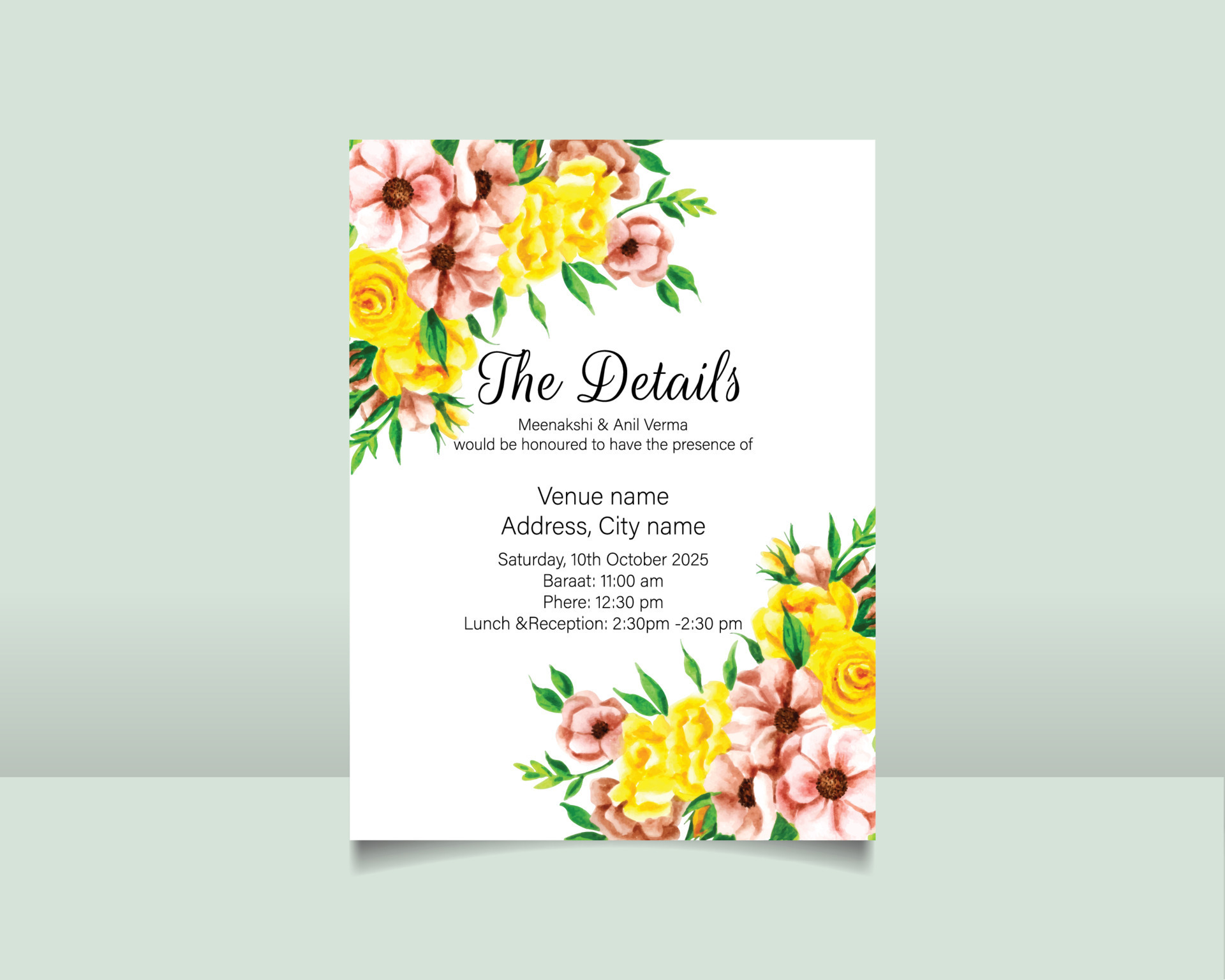 Wedding Invitation Card Template Set With Beautiful Floral Leaves