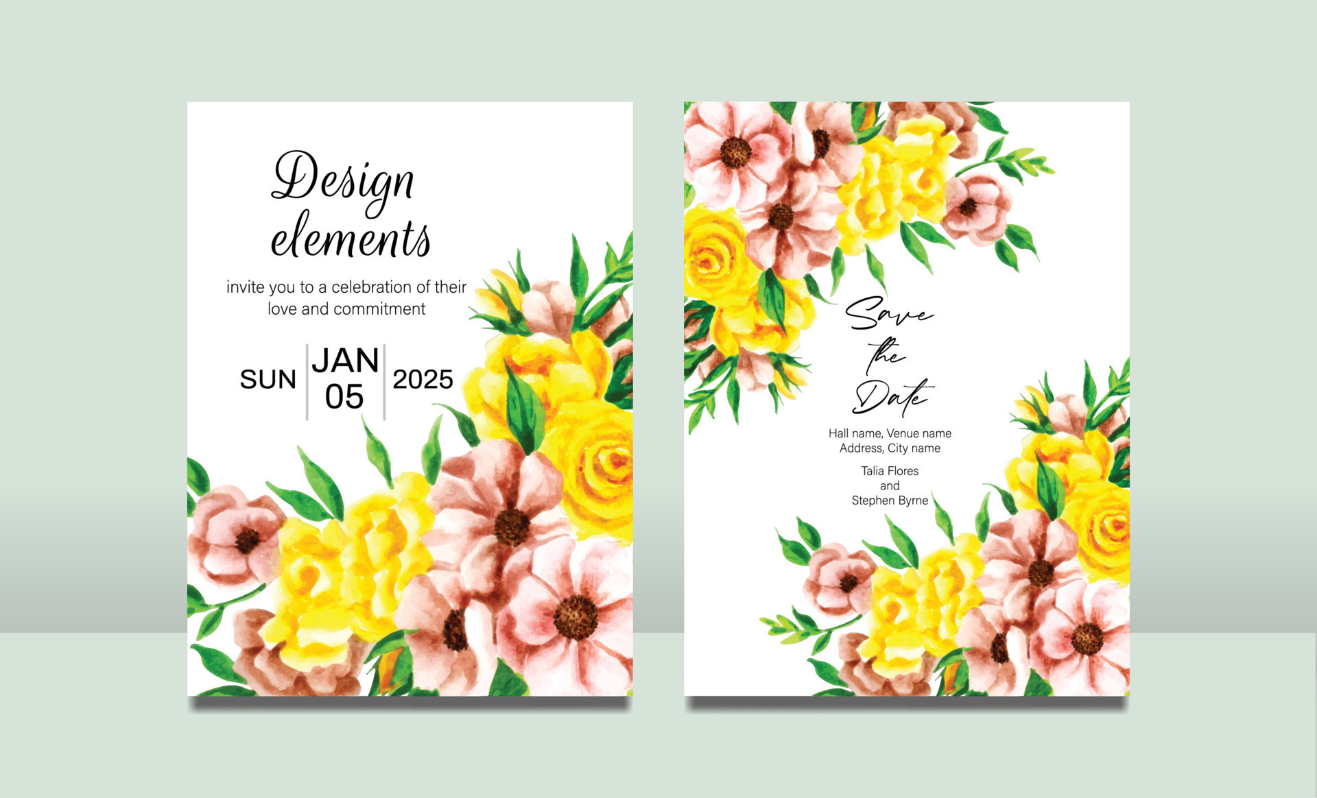Wedding Invitation Card Template Set With Beautiful Floral Leaves