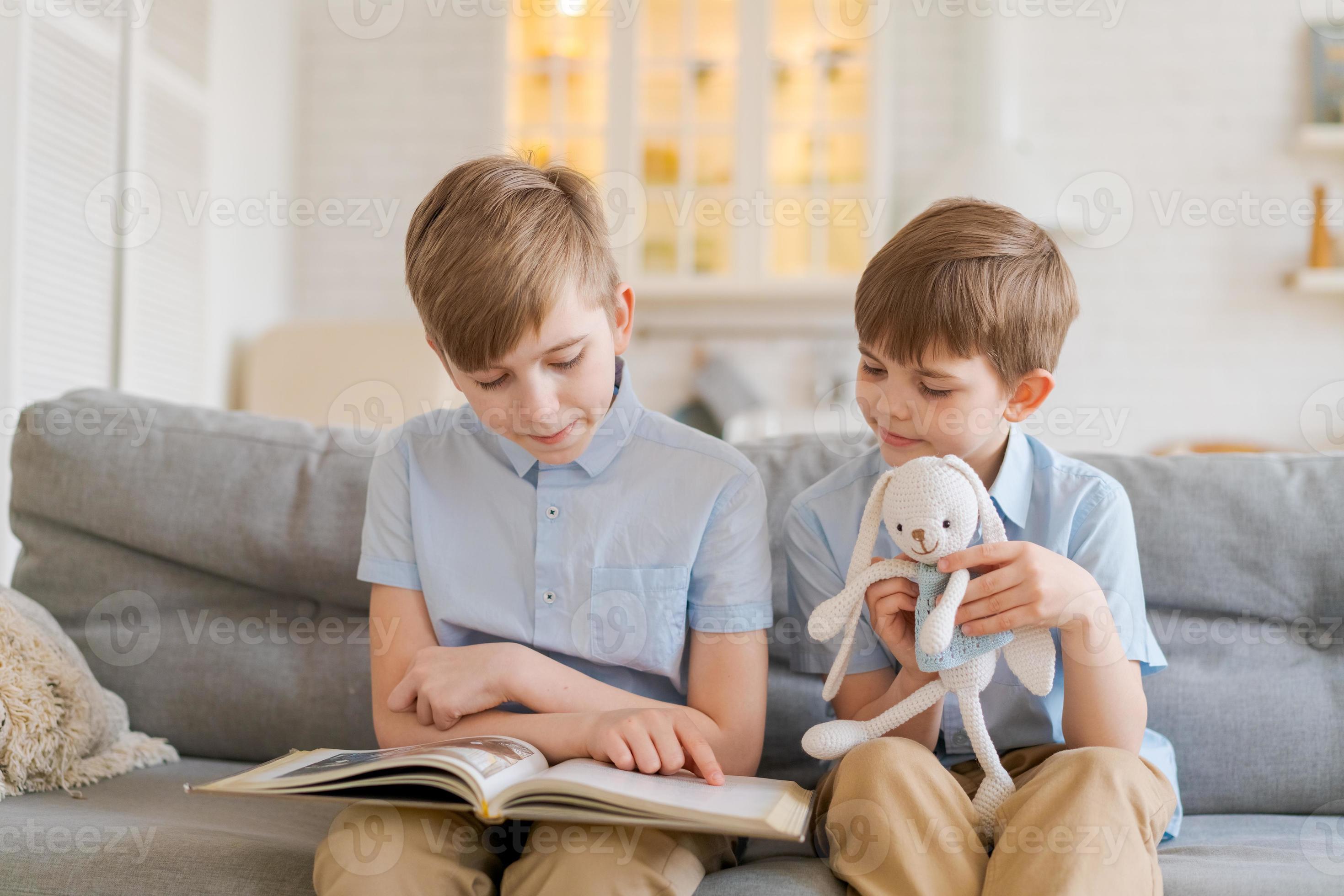 An older brother is reading book to his younger brother sitting on ...