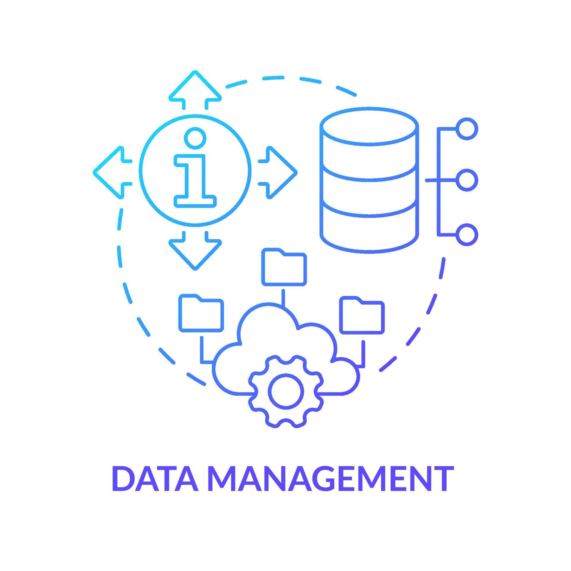 Data management blue gradient concept icon. Collect and storing information. Data analyst skill ...