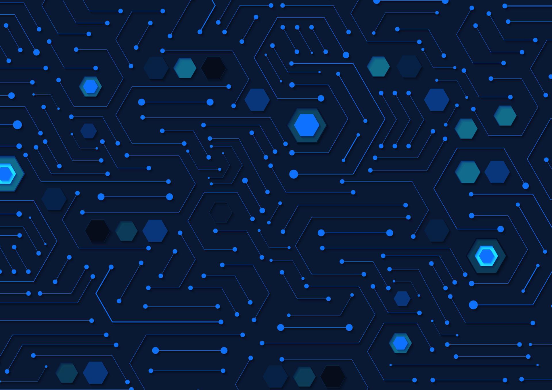 Futuristic electronic circuit technology and hexagon on blue background. Hi-tech digital data ...