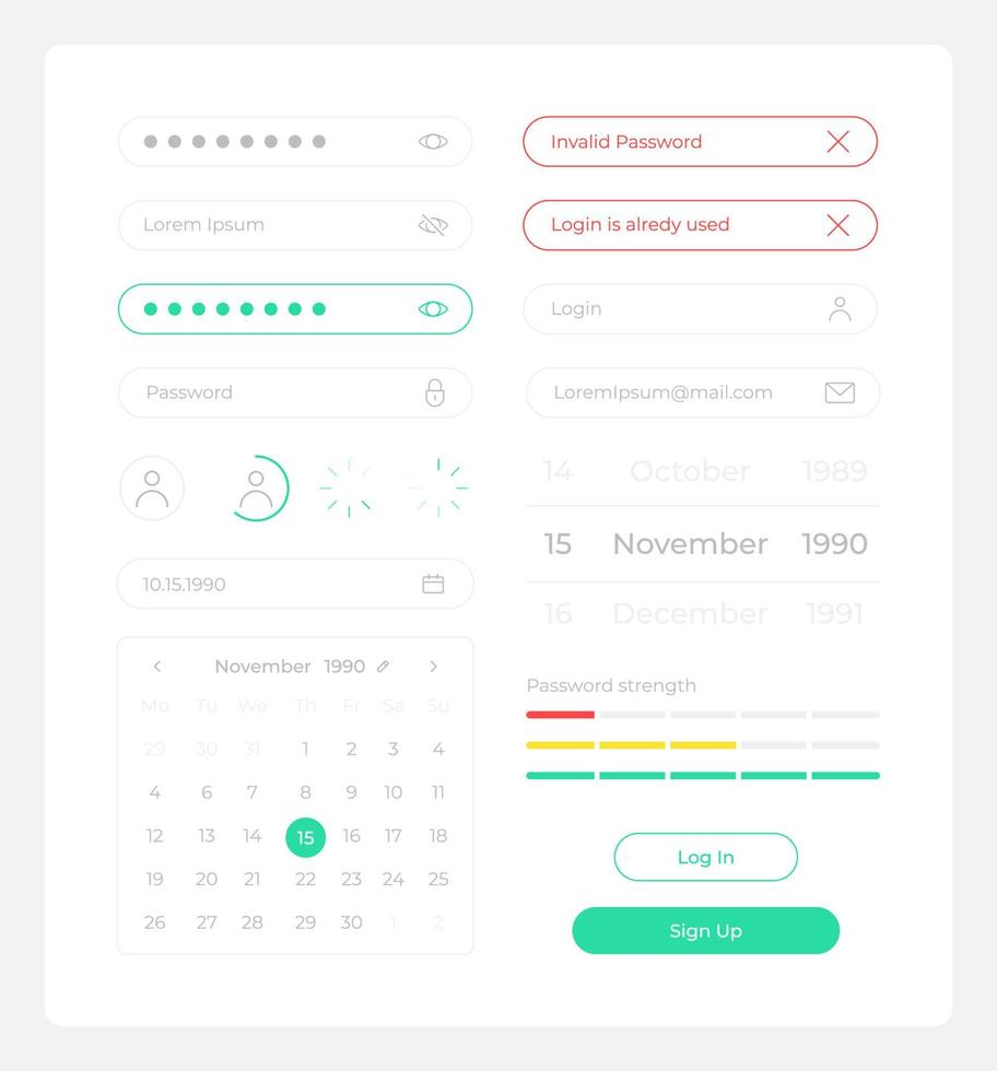 Sign Up Ui Elements Kit Personal Information Isolated Vector Components Flat Navigation Menus