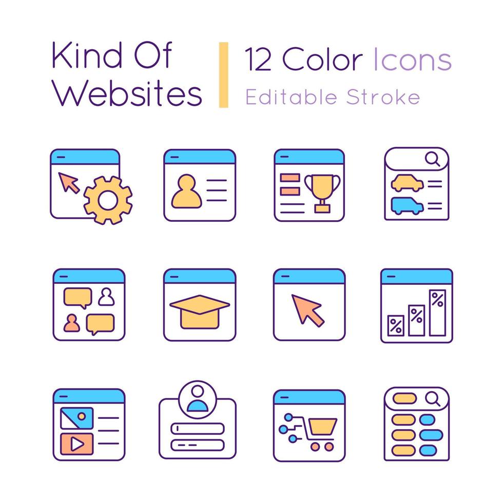 Kind of websites RGB color icons set. Content management system ... Kind of websites RGB color icons set. Content management system ...