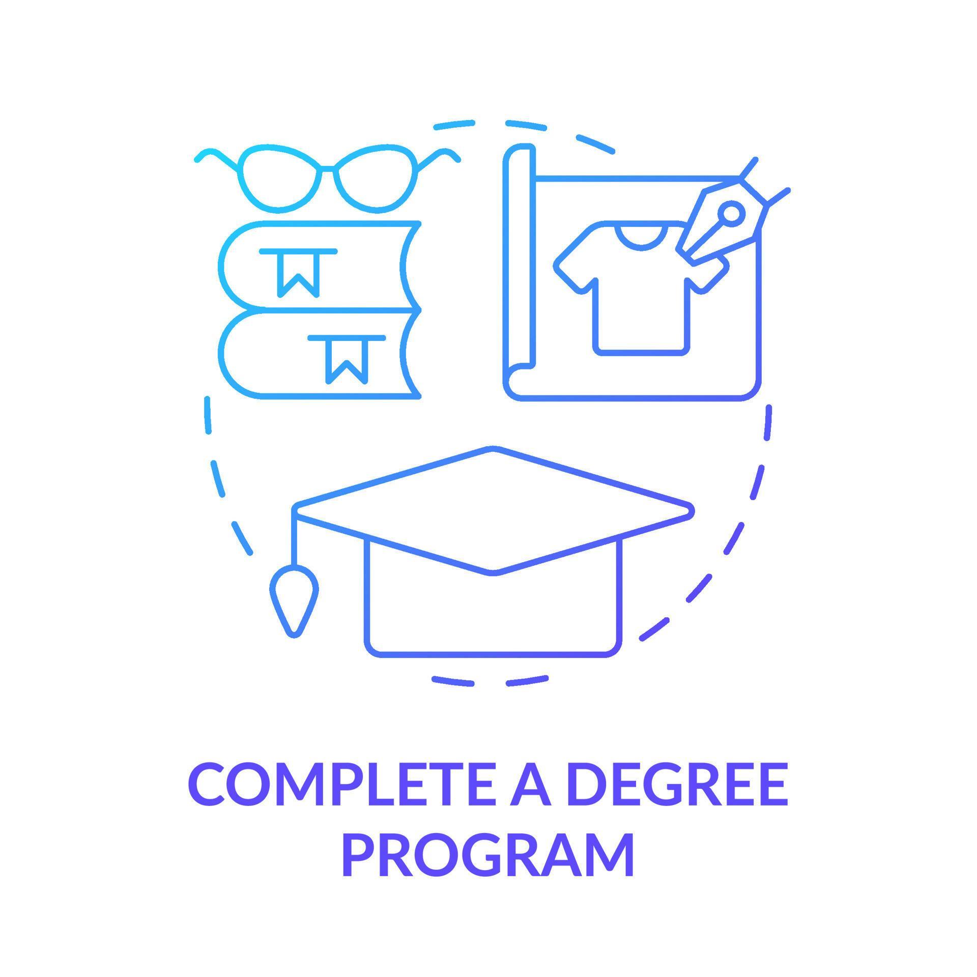 Complete degree program blue gradient concept icon. Professional education. Becoming fashion ...