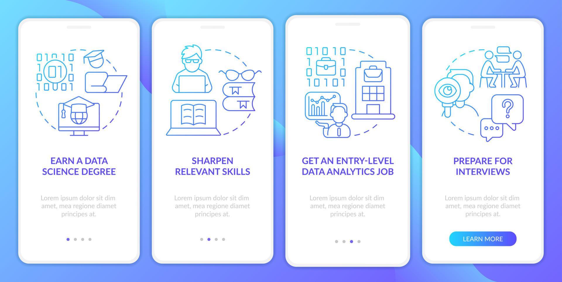 Becoming data scientist blue gradient onboarding mobile app screen. Walkthrough 4 steps graphic ...