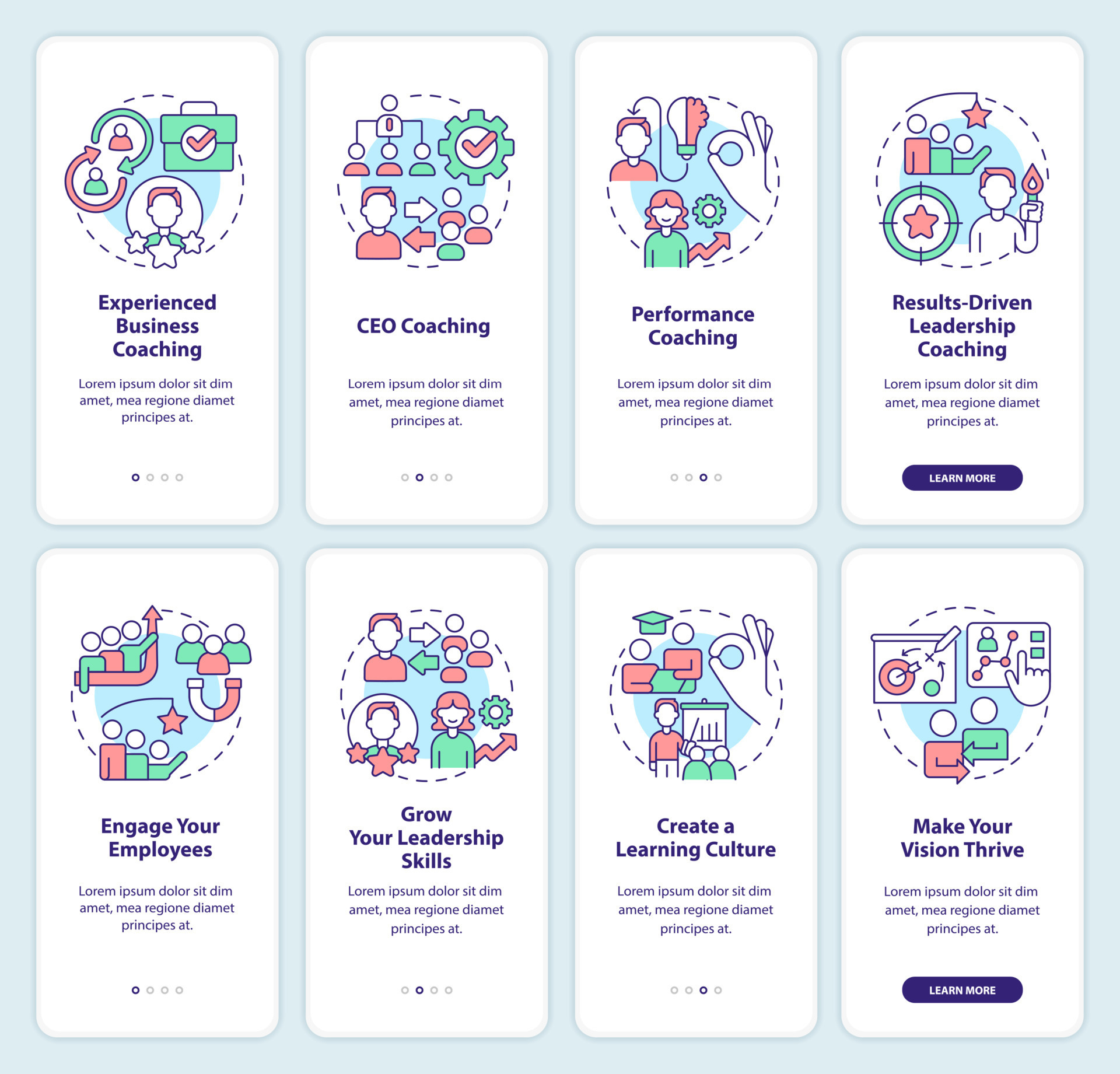 Business Coaching Programs Onboarding Mobile App Screen Set Walkthrough 4 Steps Editable